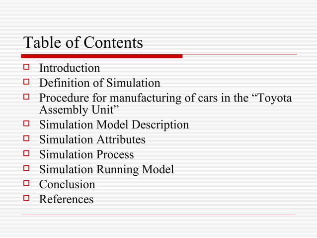 presentation on Toyota Assembly Unit Simulation | PPT