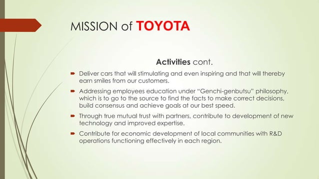 Toyota mission and vision | PPTX | Automotive Industry | Industries