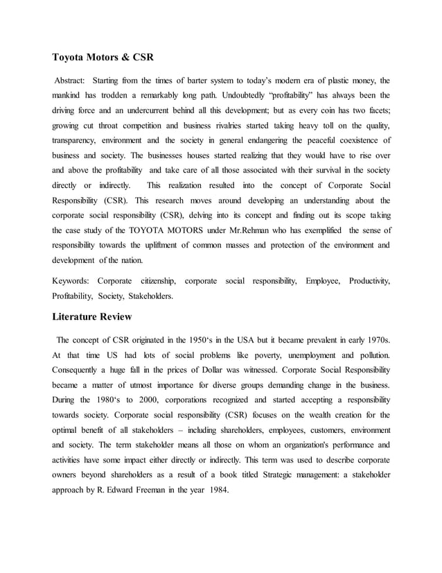 Toyota motors and CSR case study | DOCX