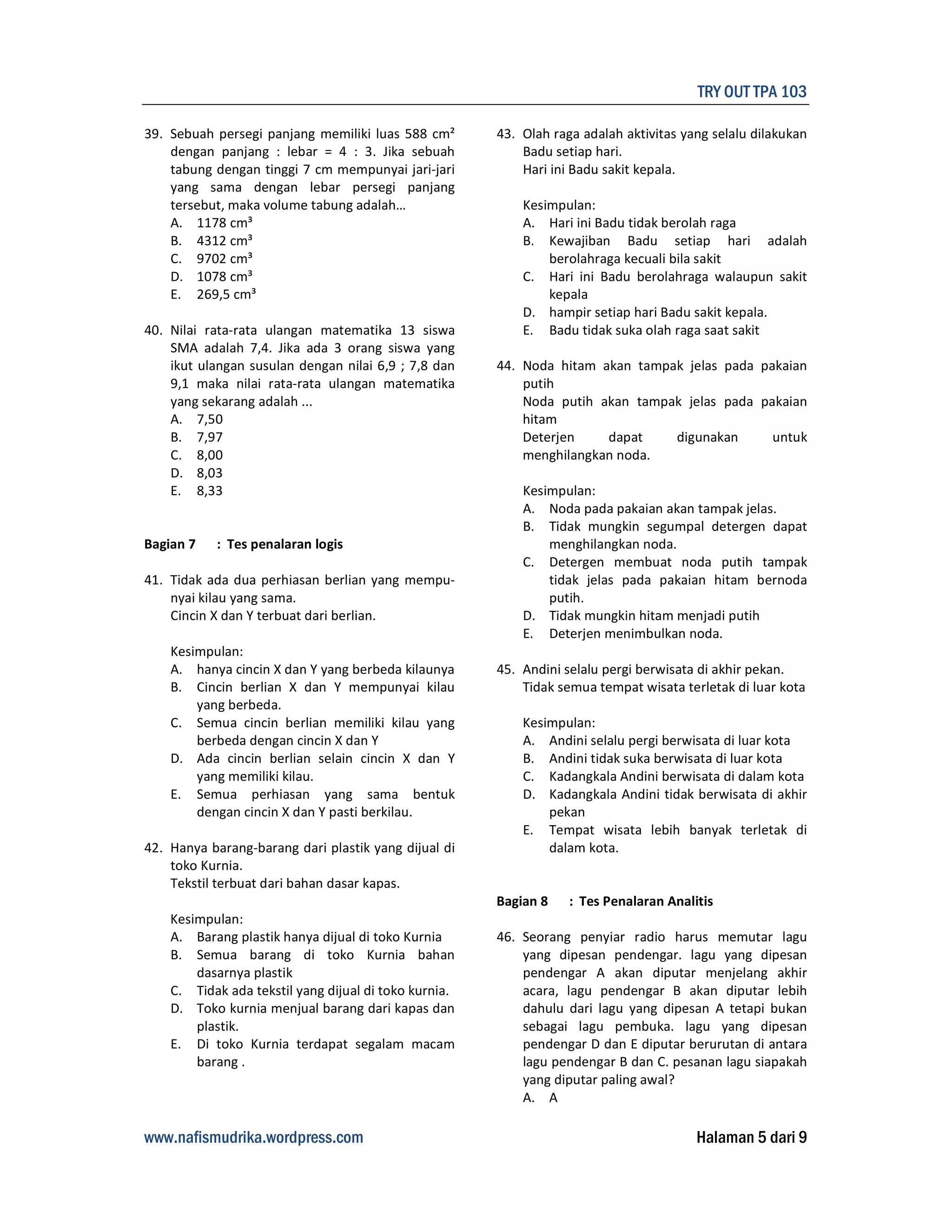 Soal Tes Potensi Akademik (TPA) | PDF