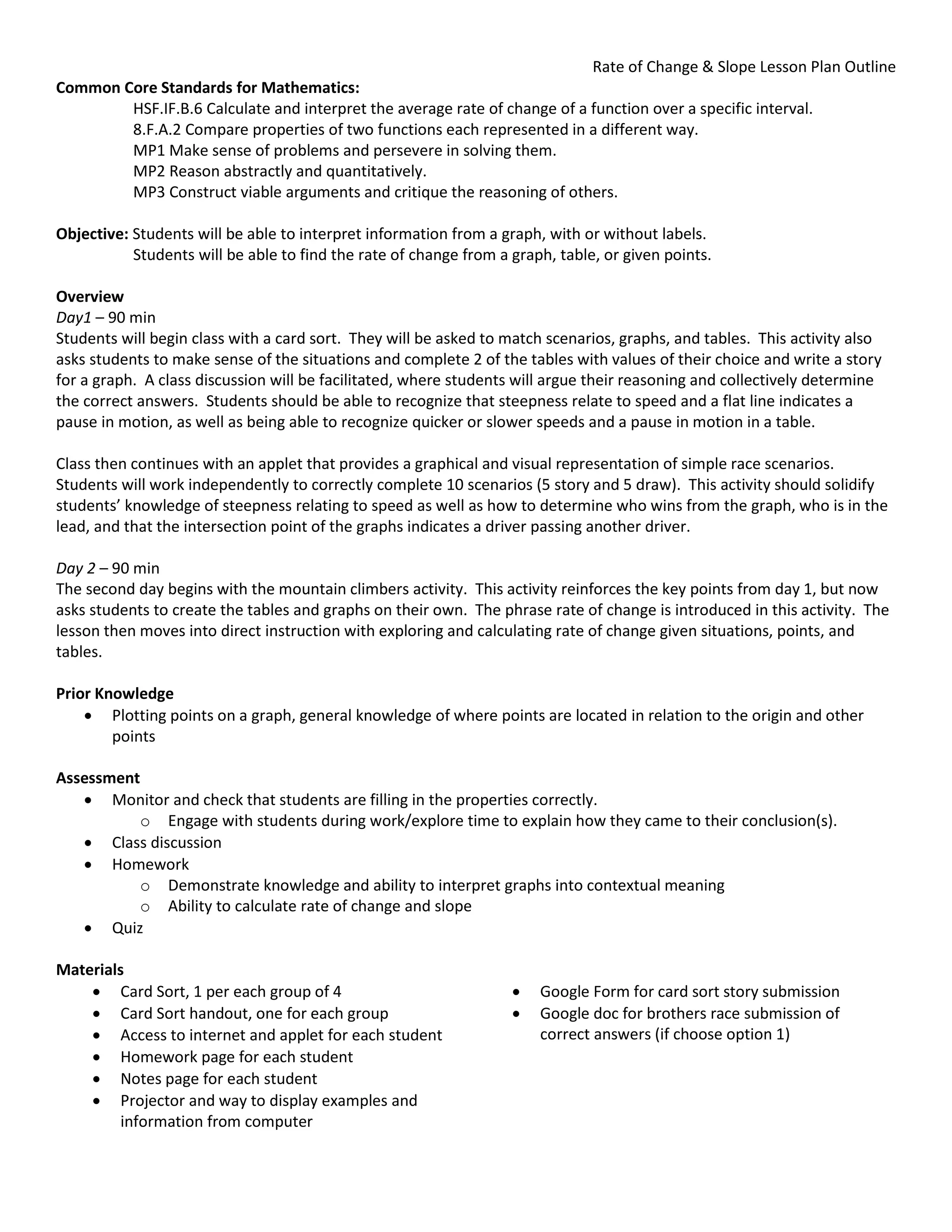 Rate of Change Lesson Plan | PDF