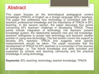 TPACK: A New Dimension to EFL Teachers’ PCK (liu et.al, 2014) by zainal ...