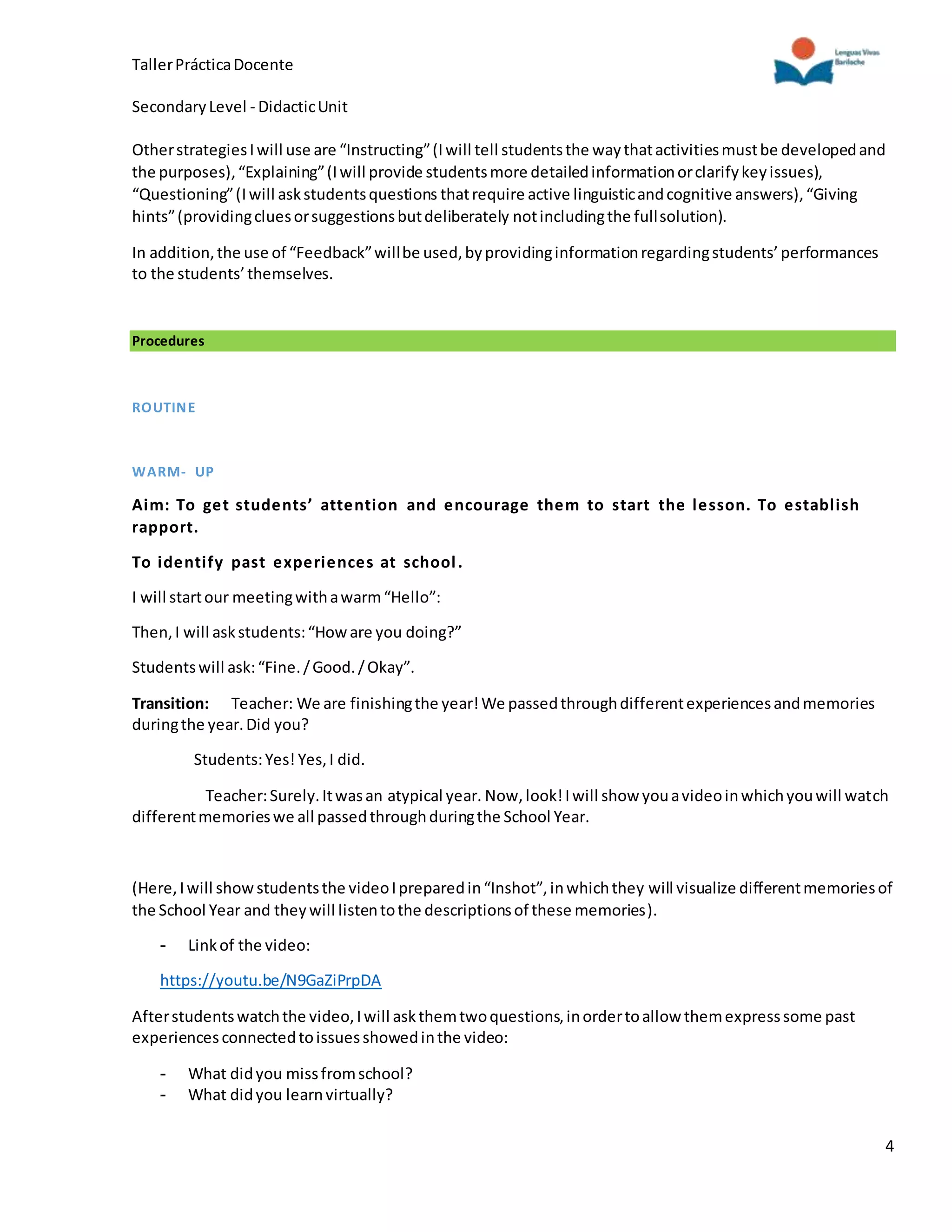 TPD - Didactic Unit - Secondary Level - Week 1 - buttiglieri micaela | DOCX