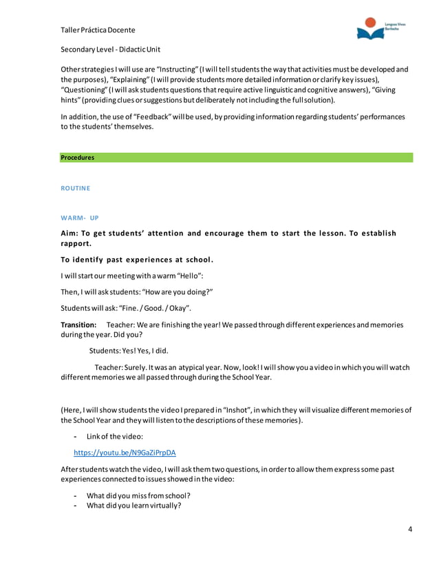 TPD - Didactic Unit - Secondary Level - Week 1 - buttiglieri micaela | DOCX