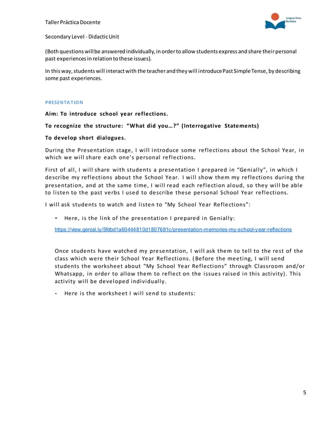 TPD - Didactic Unit - Secondary Level - Week 1 - buttiglieri micaela | DOCX