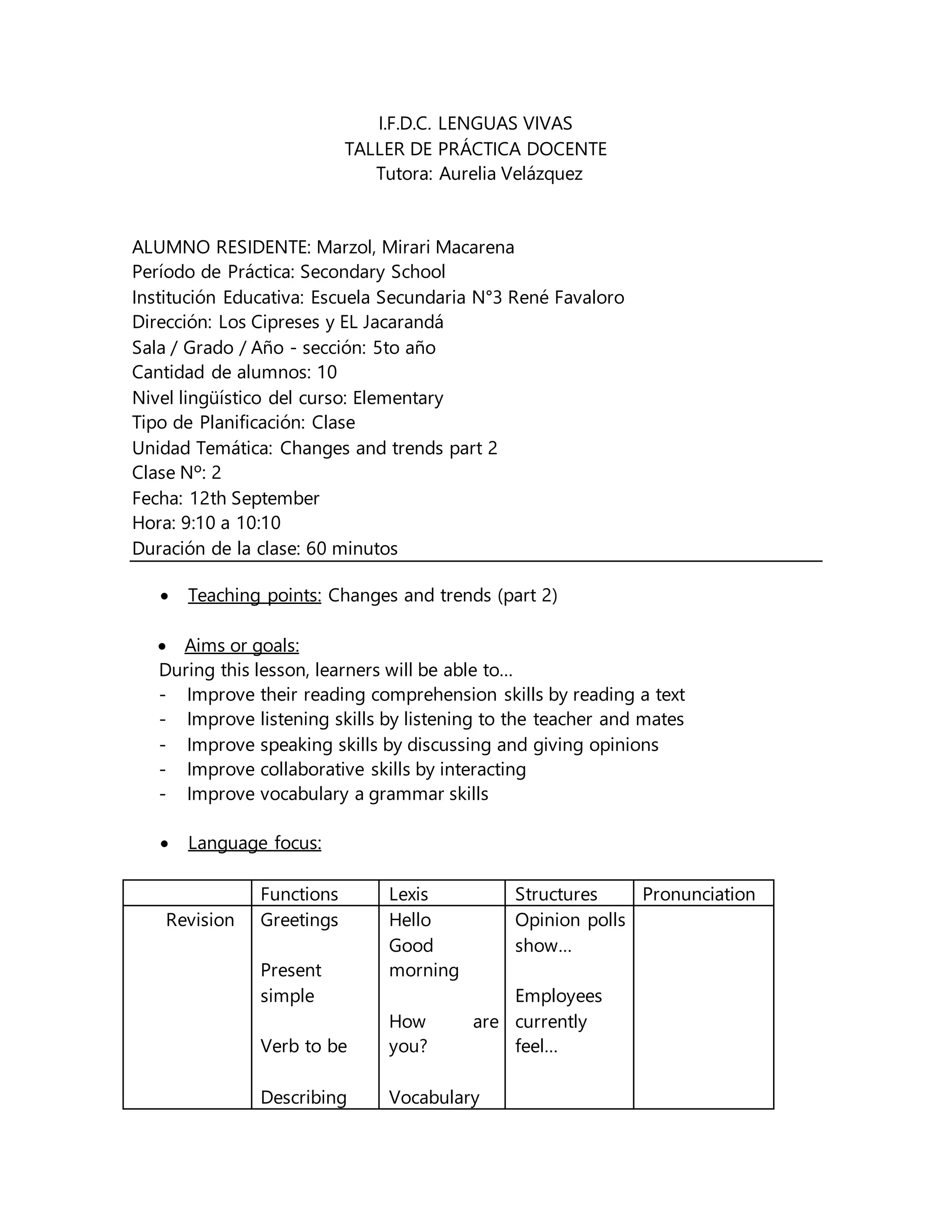 Lesson plan class 2 - secondary | DOCX