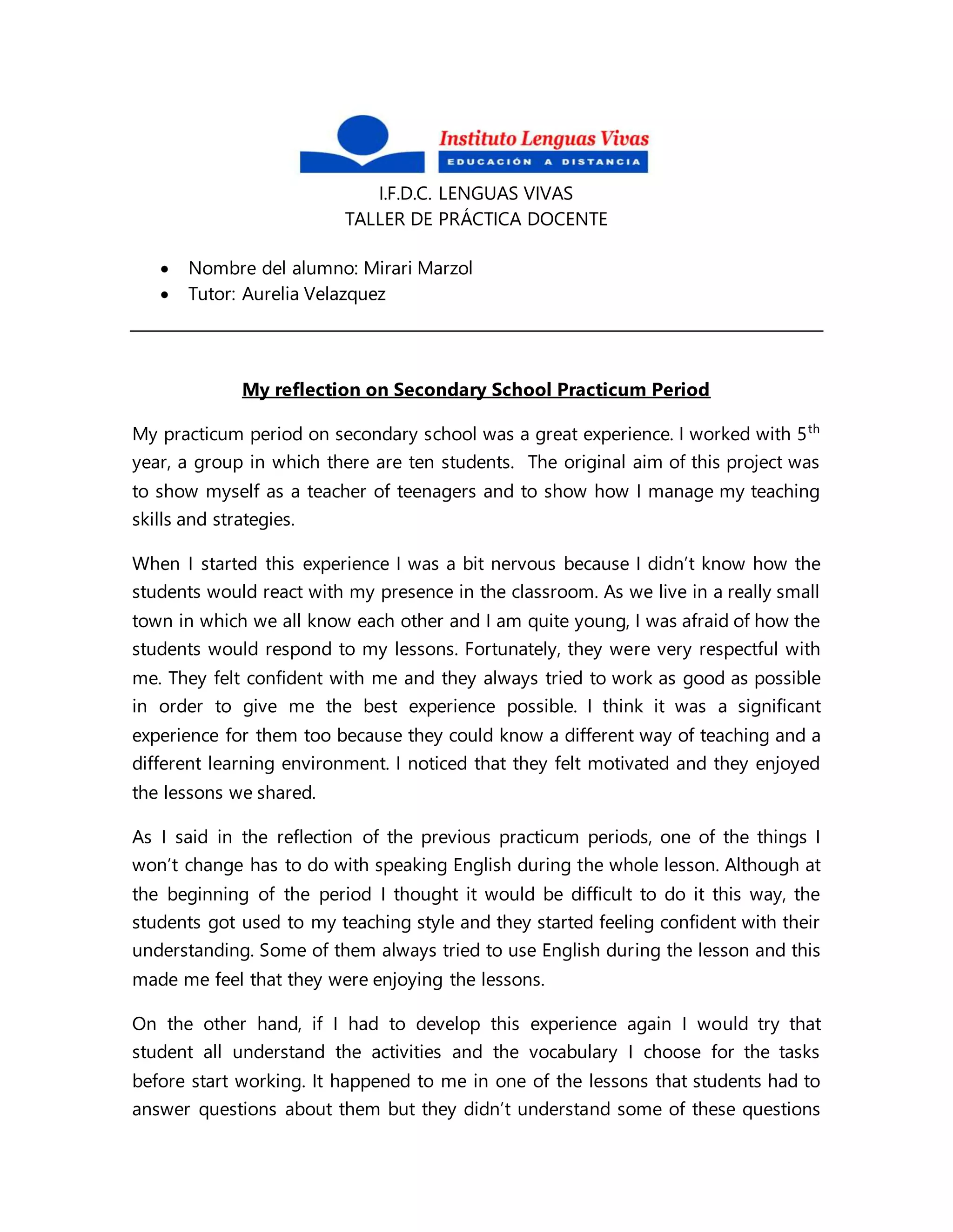 Secondary school reflection | PDF