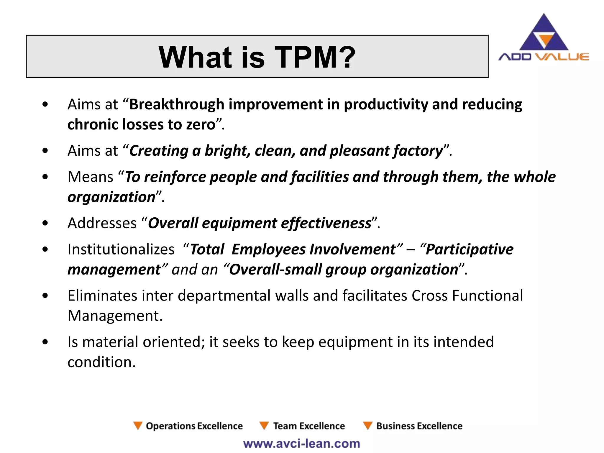 Total Productive Maintenance (TPM) Basics - ADDVALUE - Nilesh Arora | PPTX