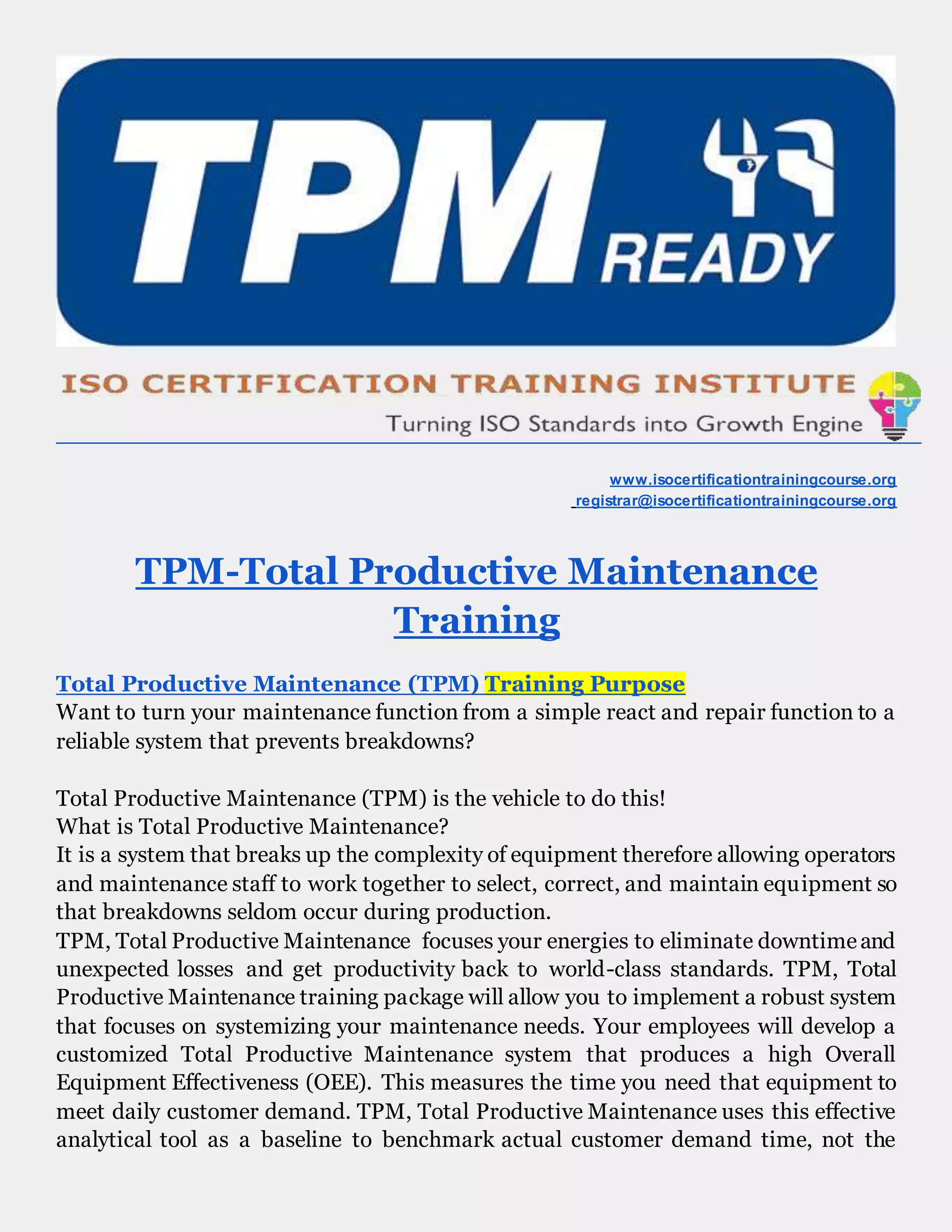 Total Productive Maintenance | TPM Training | DOCX | Business ...