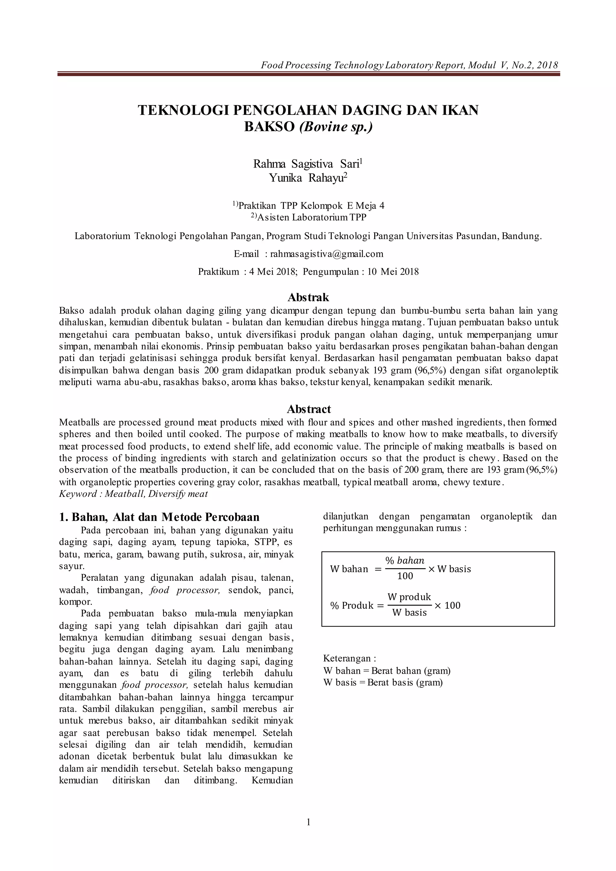 Laporan Praktikum TPP Bakso - UNPAS | DOCX