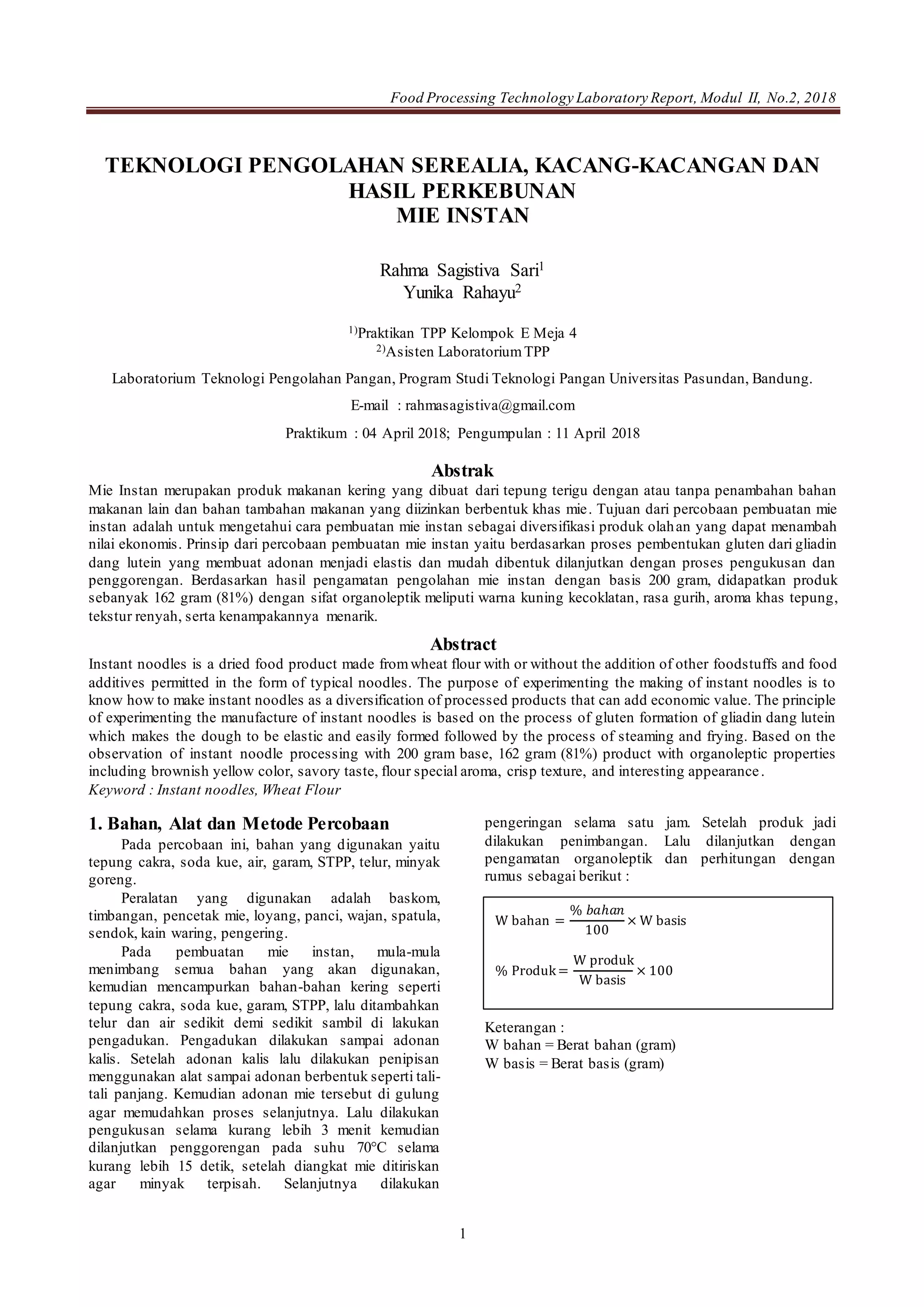 Laporan Praktikum TPP Materi 2 Mie Instan - UNPAS | DOCX