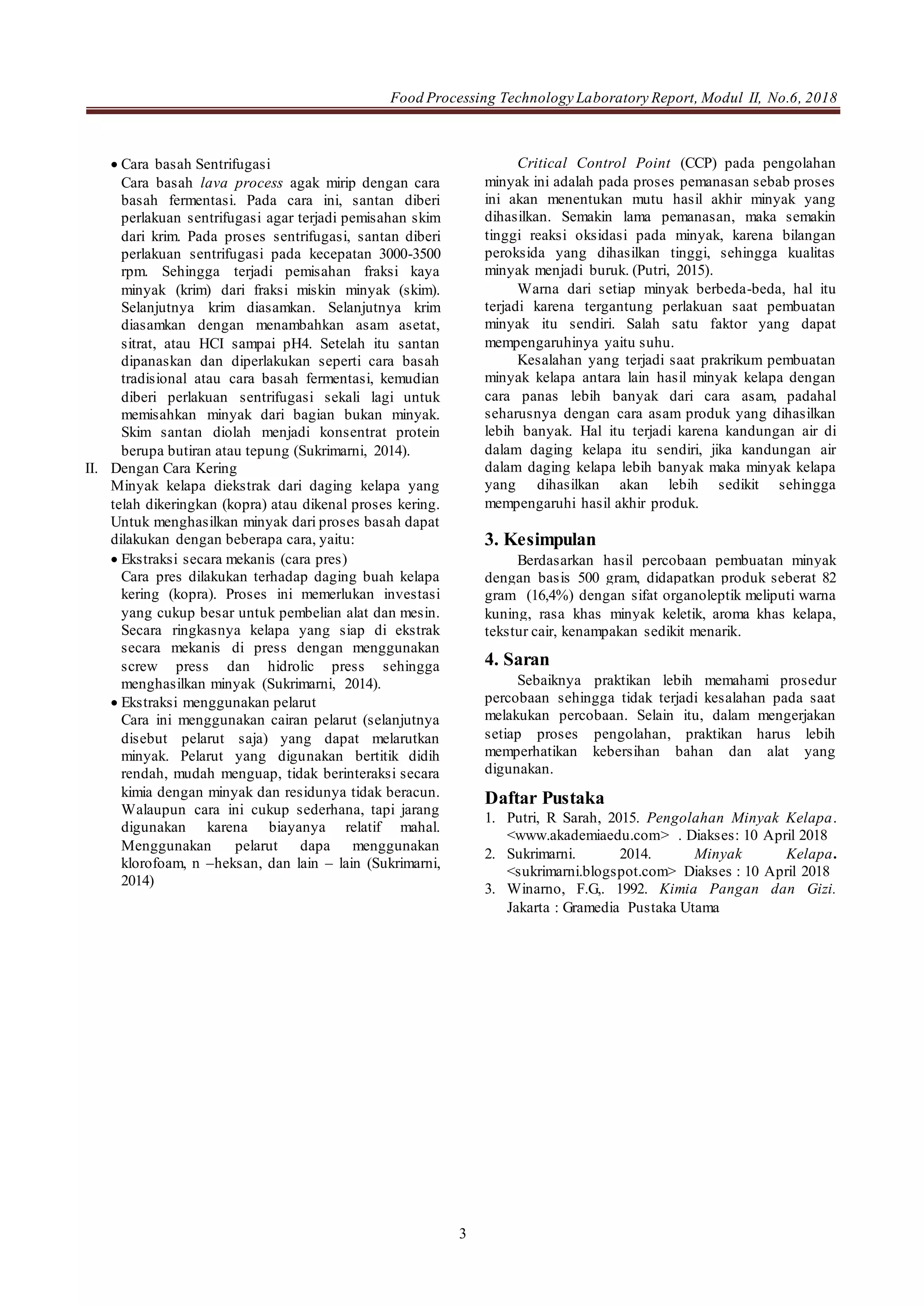 Laporan Praktikum TPP Materi 2 Minyak Kelapa - UNPAS | DOCX