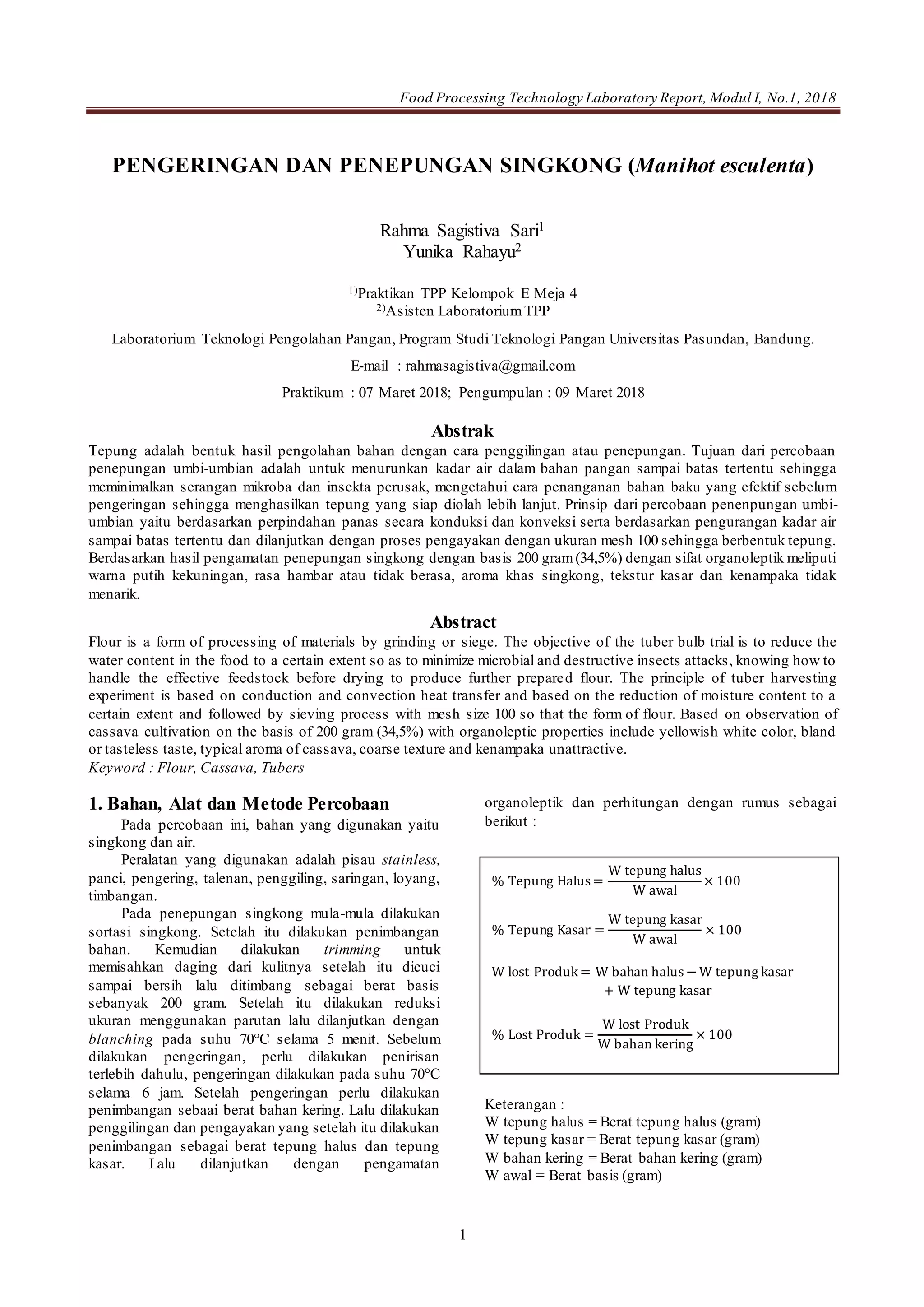 Laporan Praktikum TPP Materi 1 Penepungan - UNPAS | DOCX