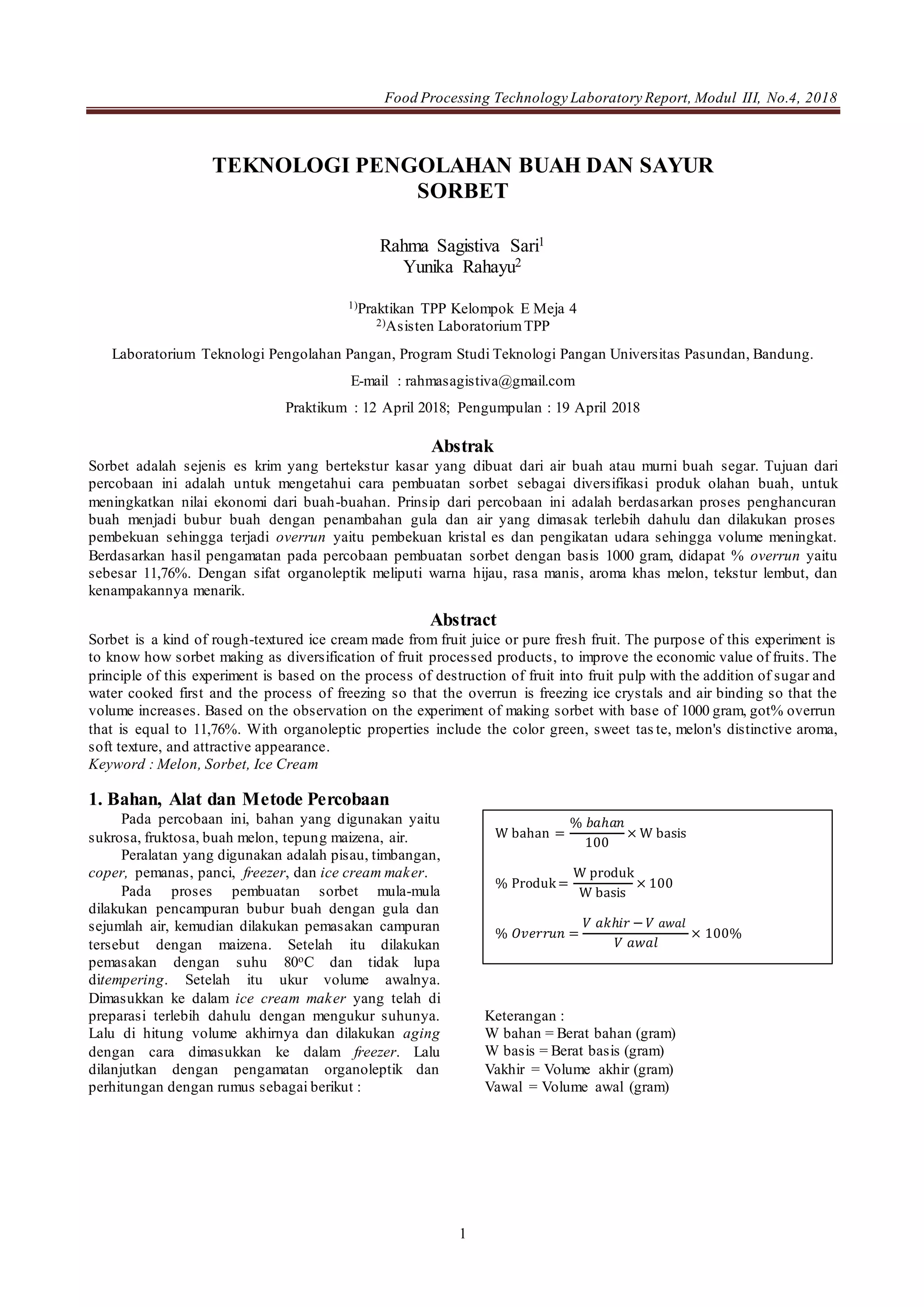 Laporan Praktikum TPP Materi 3 Sorbet - UNPAS | DOCX