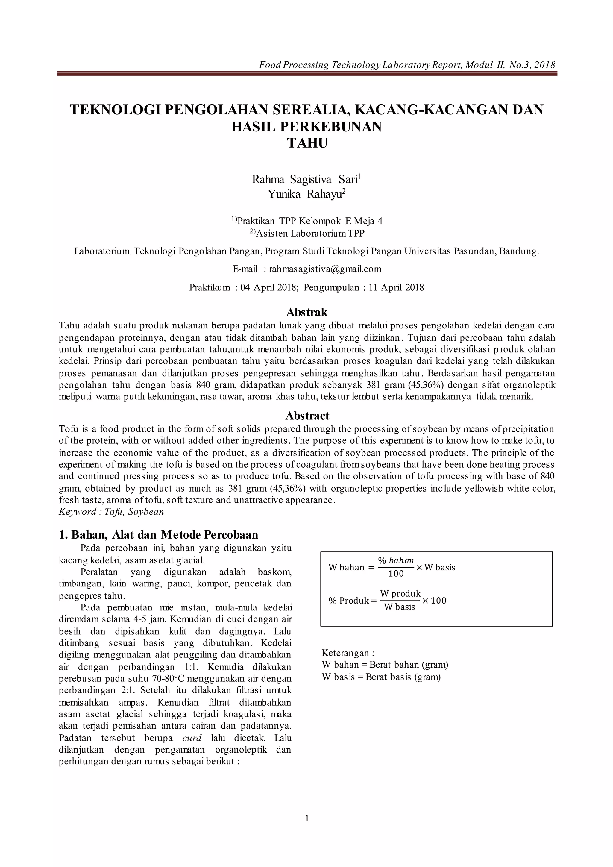 Laporan Praktikum TPP Materi 2 Tahu - UNPAS | DOCX