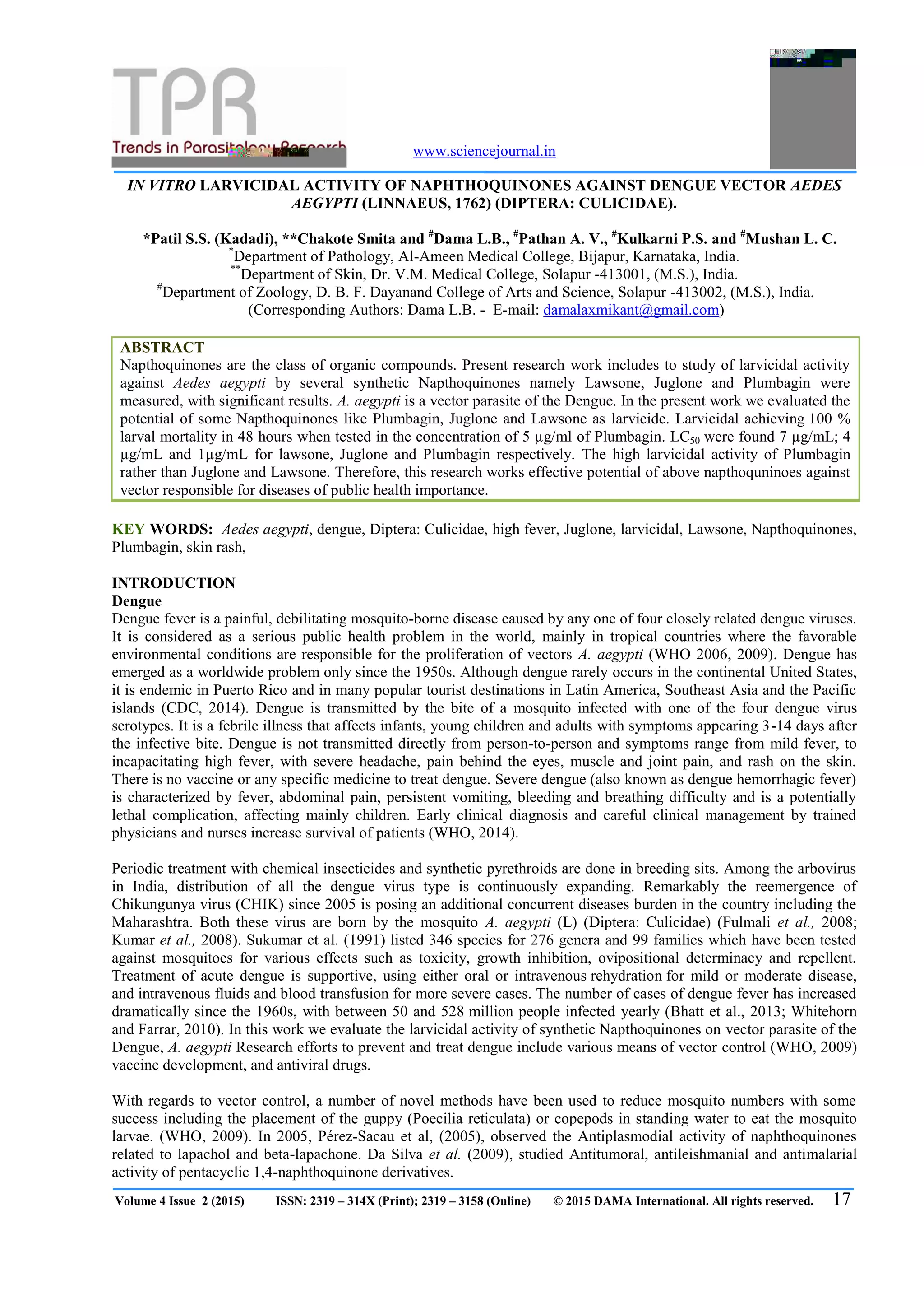 NAPHTHOQUINONES , LARVICIDAL ACTIVITY, AEDES | PDF