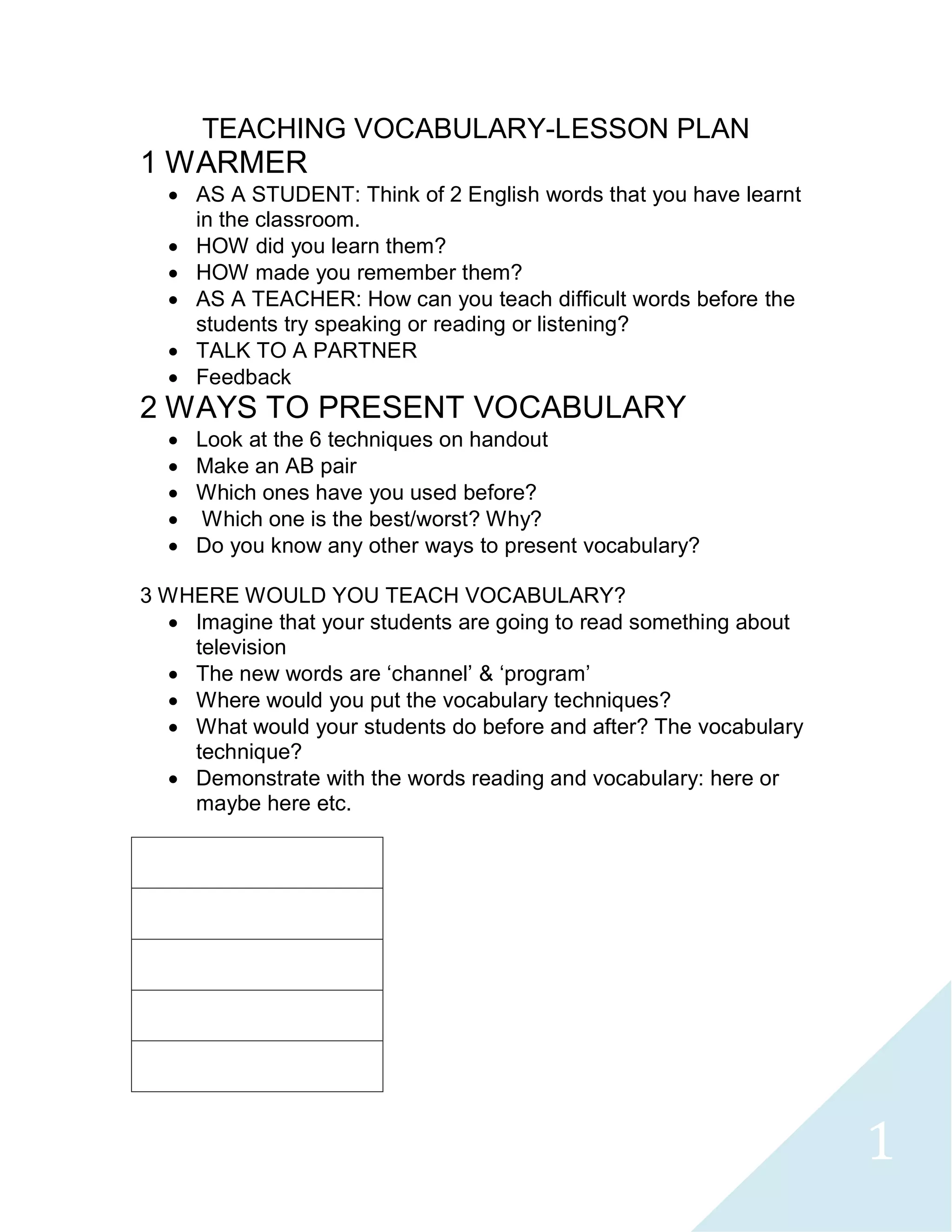 Tp teaching vocabulary lesson plan | PDF