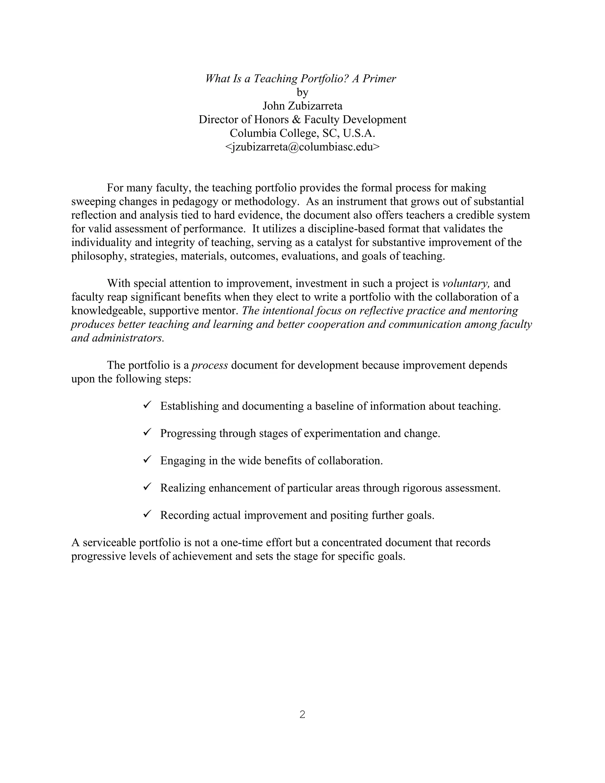 The Teaching Portfolio: Reflective Practice for Improvement and ...