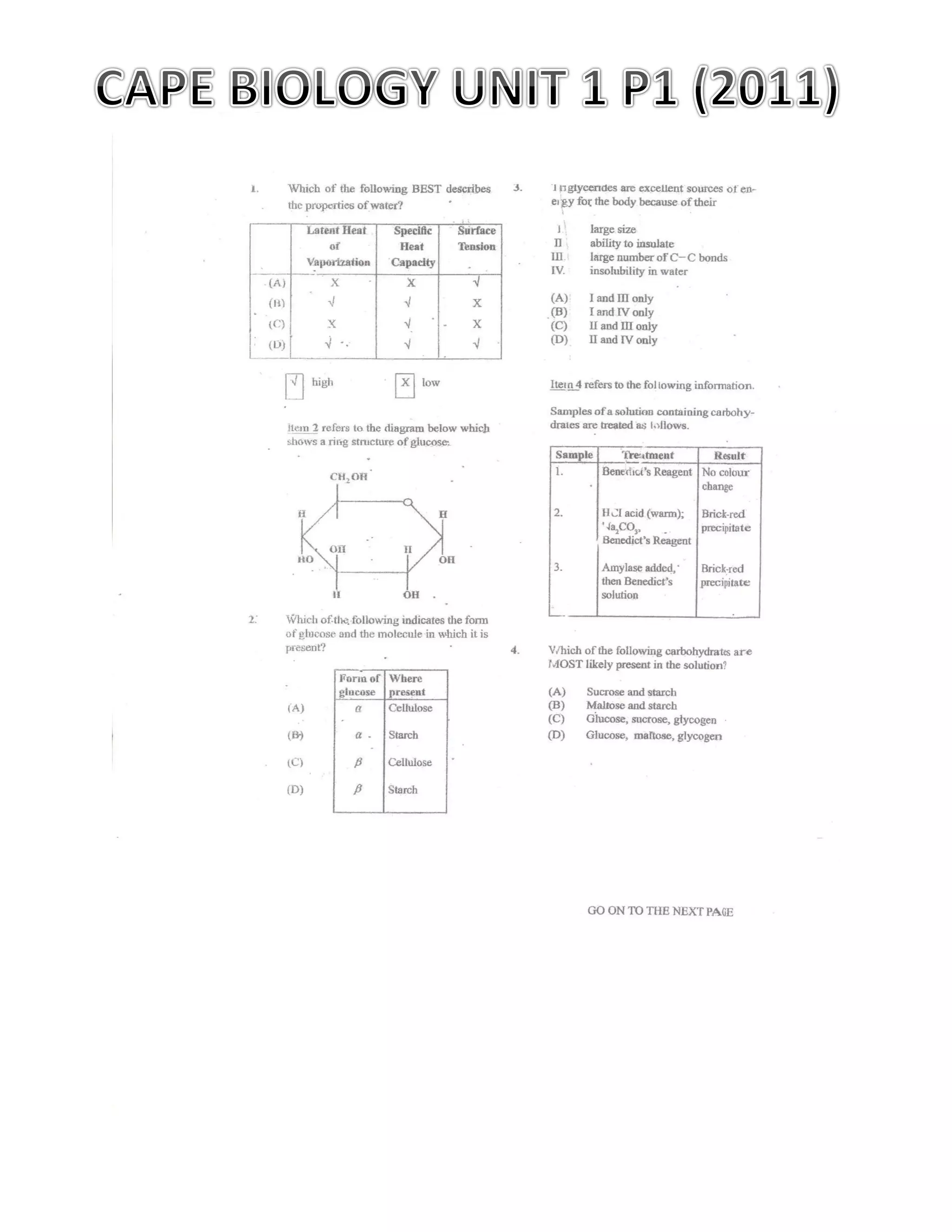 CAPE Biology 2011 Unit 1 paper 1 | PDF