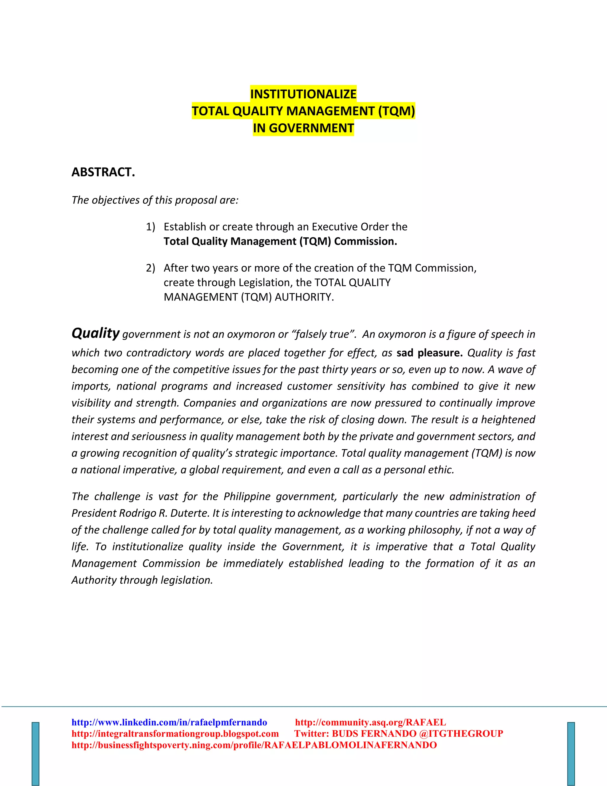 The Creation of the Total Quality Management (TQM) Commission ...