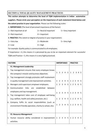 Tqm indian auto component questionnaire | PDF