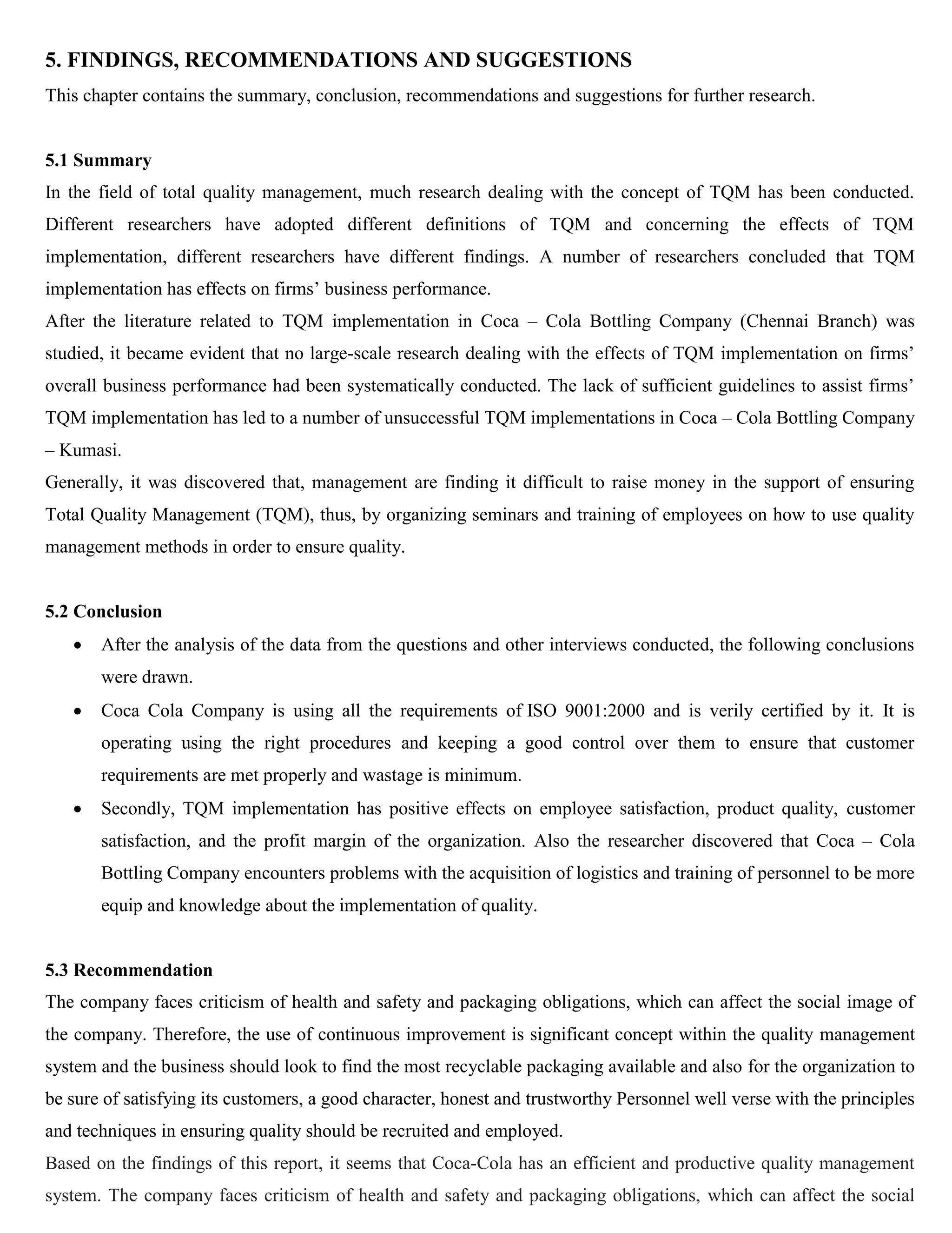 Tqm report THE STUDY OF COCA COLA BOTTLING COMPANY | PDF