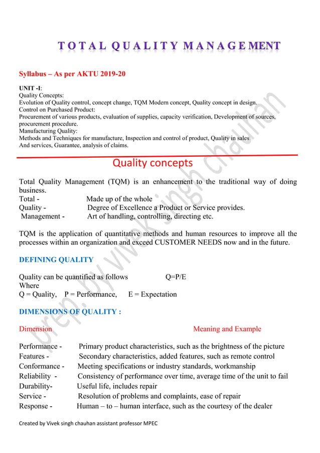 Total quality management unit 1 | PDF