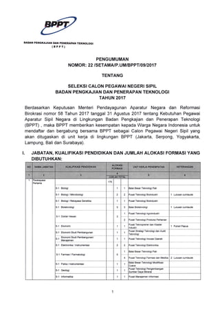 Pengumuman Seleksi CPNS Badan Pengkajian dan Penerapan Teknologi (BPPT ...