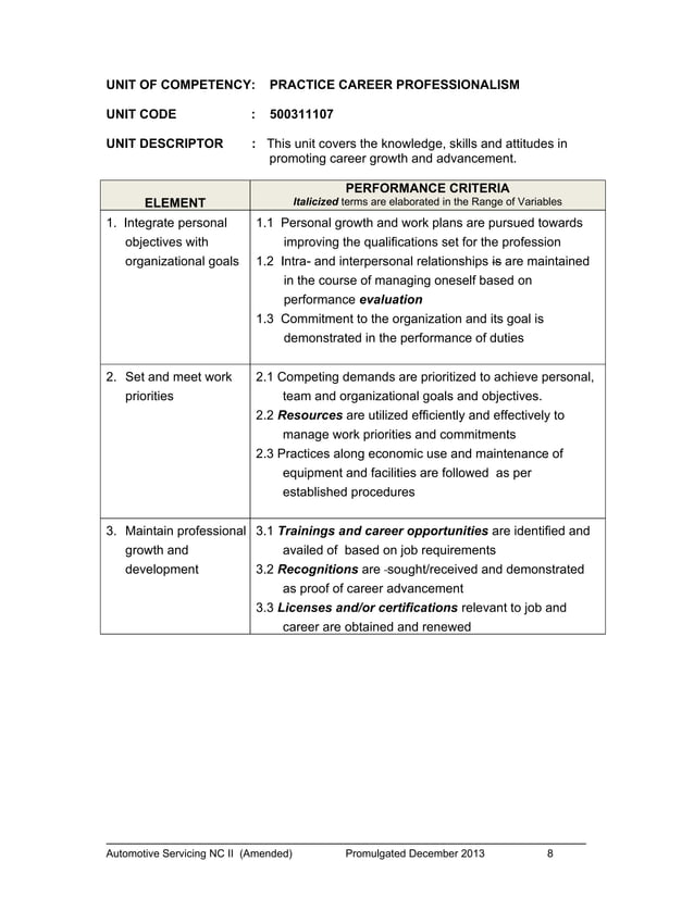 Tr automotive servicing nc ii | PDF | Automotive Industry | Industries