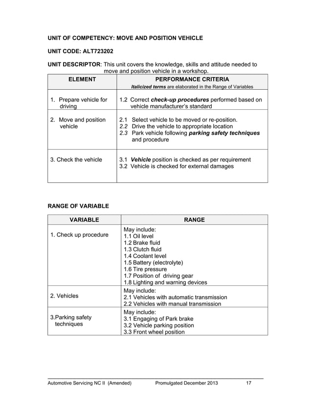 Tr automotive servicing nc ii | PDF | Automotive Industry | Industries