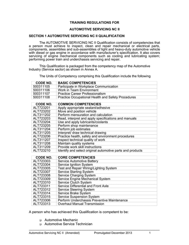 Tr automotive servicing nc ii | PDF | Automotive Industry | Industries