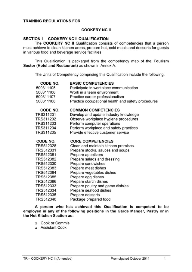 Tr cookery nc ii | DOC | Resume Writing and Advice | Job Search