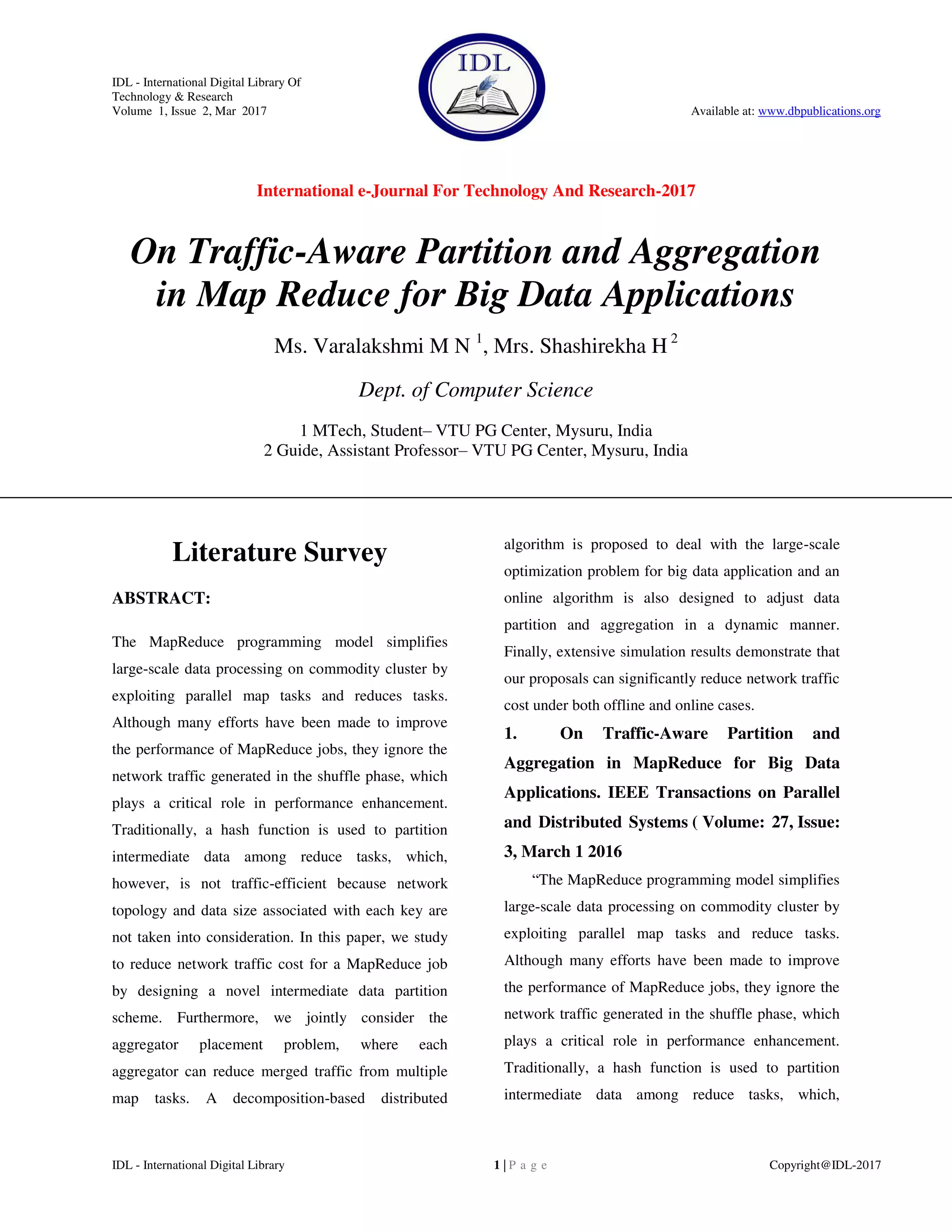 On Traffic-Aware Partition and Aggregation in Map Reduce for Big Data Applications | PDF