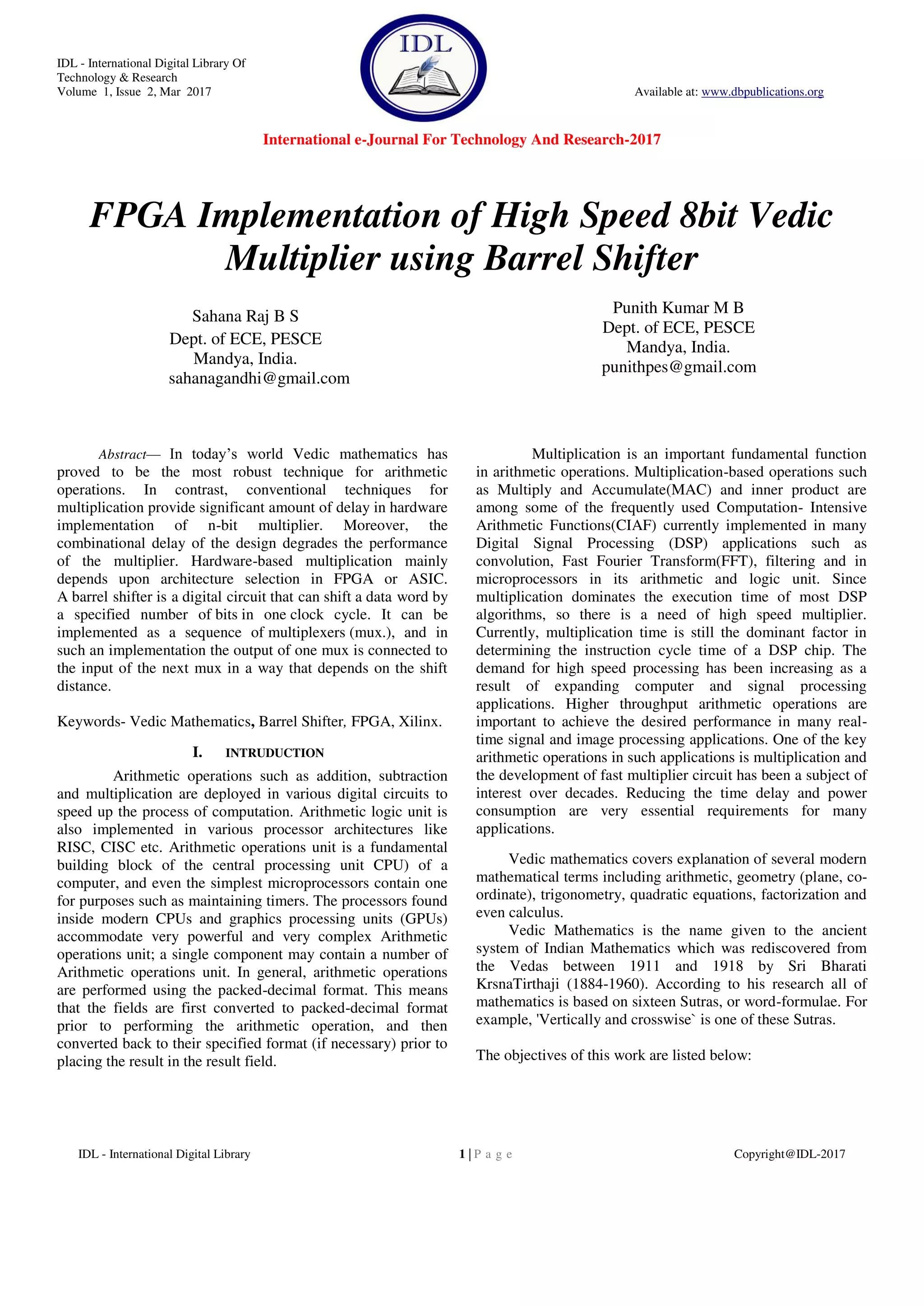 FPGA Implementation of High Speed 8bit Vedic Multiplier using Barrel Shifter | PDF