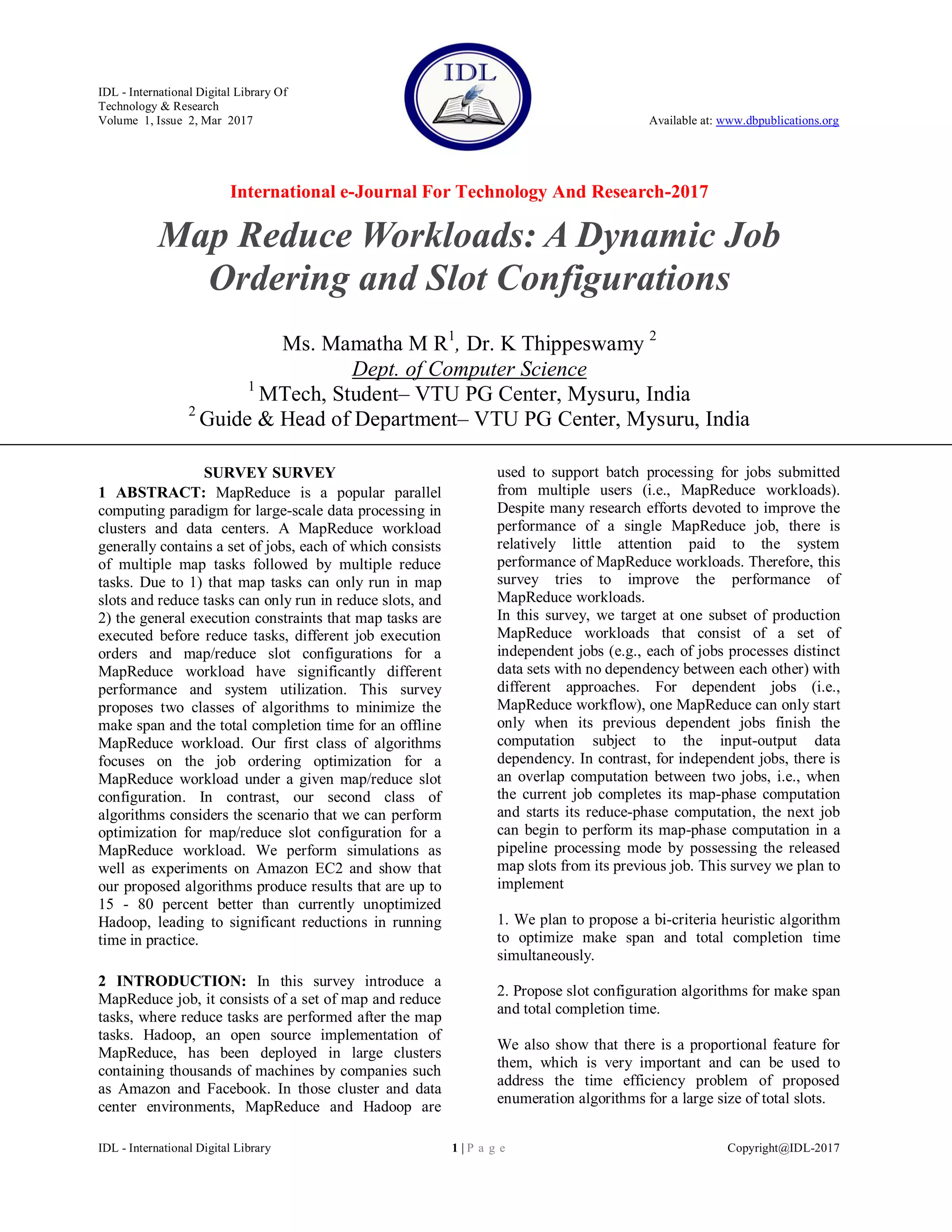 Map Reduce Workloads: A Dynamic Job Ordering and Slot Configurations | PDF