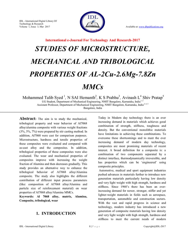 STUDIES OF MICROSTRUCTURE, MECHANICAL AND TRIBOLOGICAL PROPERTIES OF AL-2Cu-2.6Mg-7.8Zn MMCs | PDF