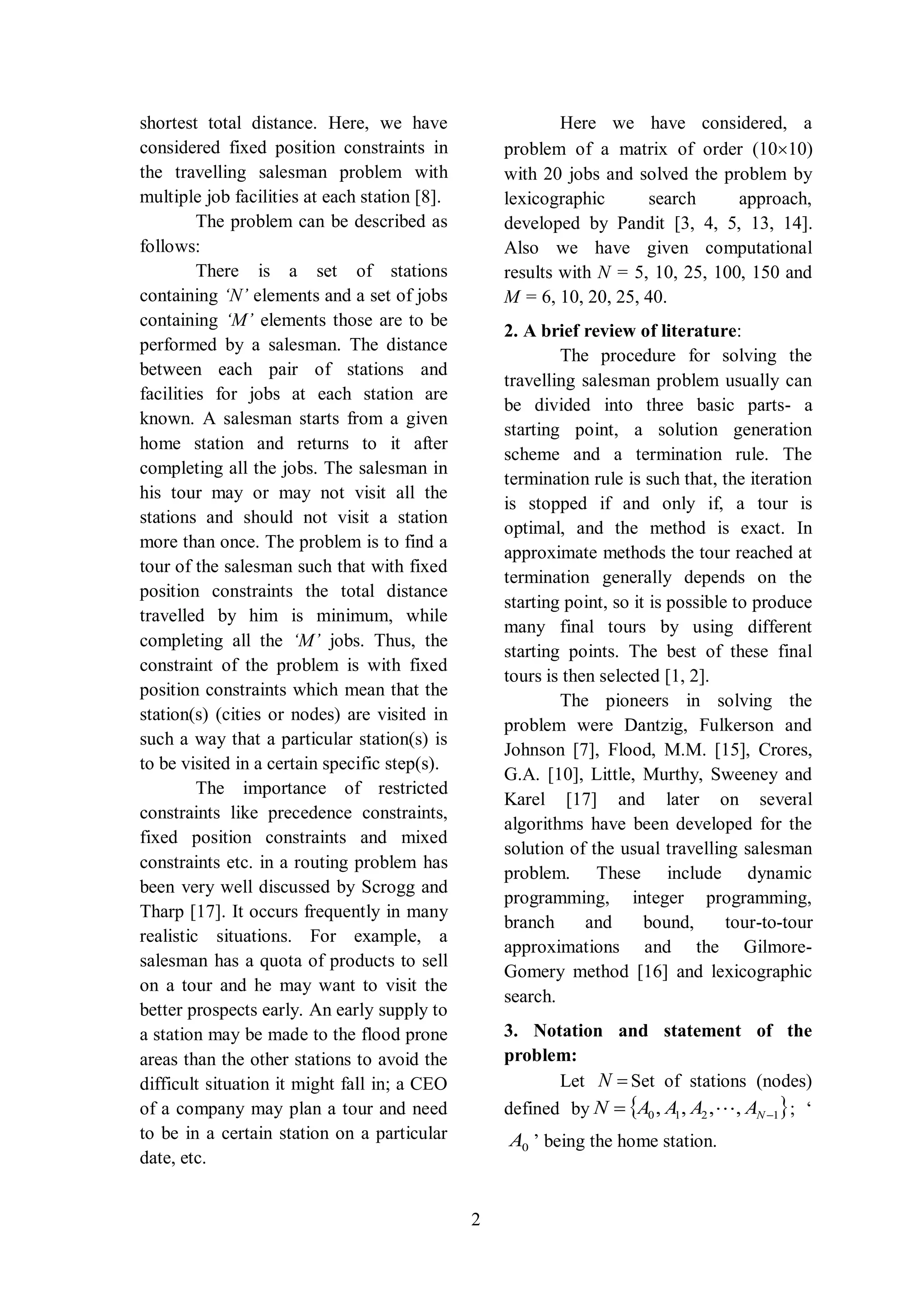 Fixed Position Constraints in a Travelling Salesman Problem (TSP) with Multiple Job Facilities | PDF