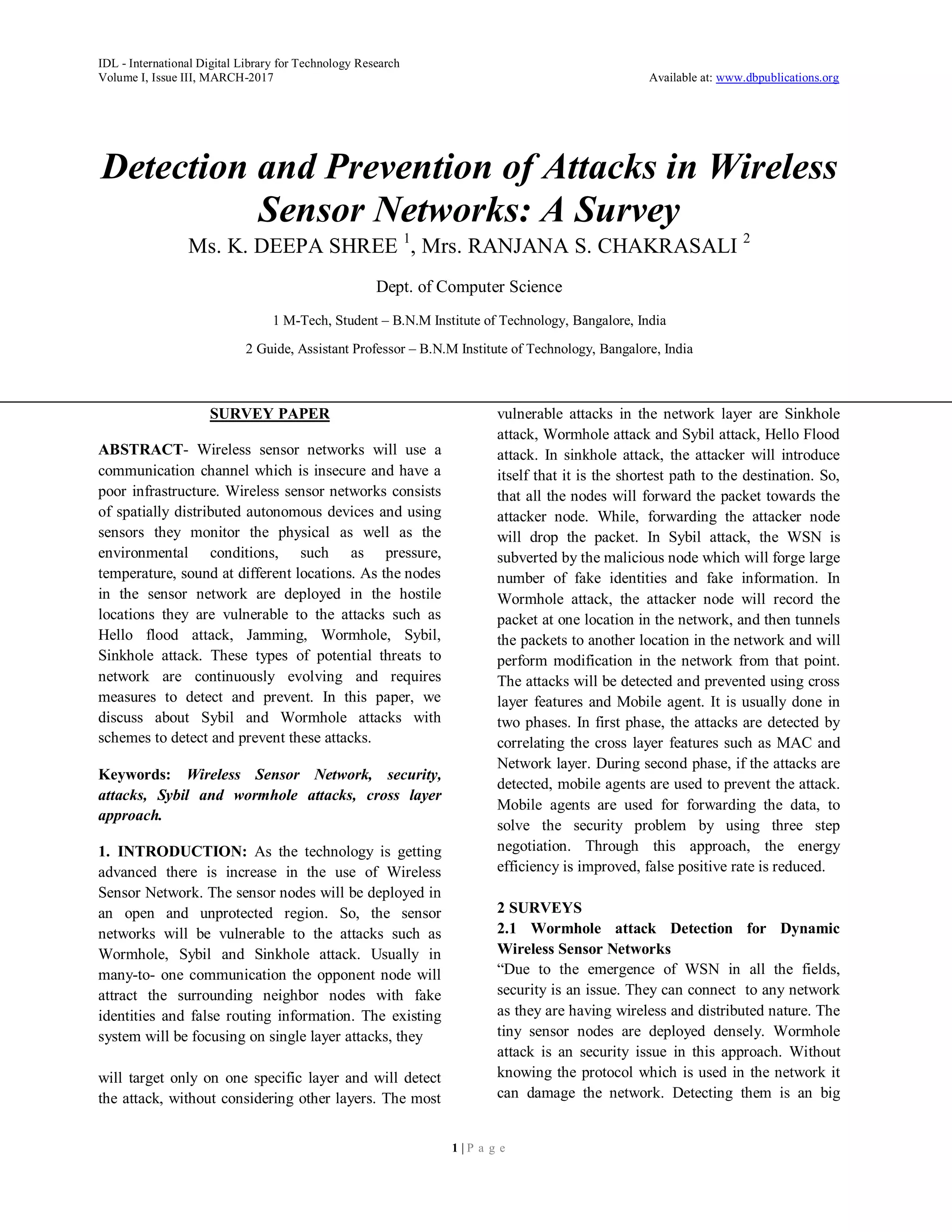 Detection and Prevention of Attacks in Wireless Sensor Networks: A Survey | PDF