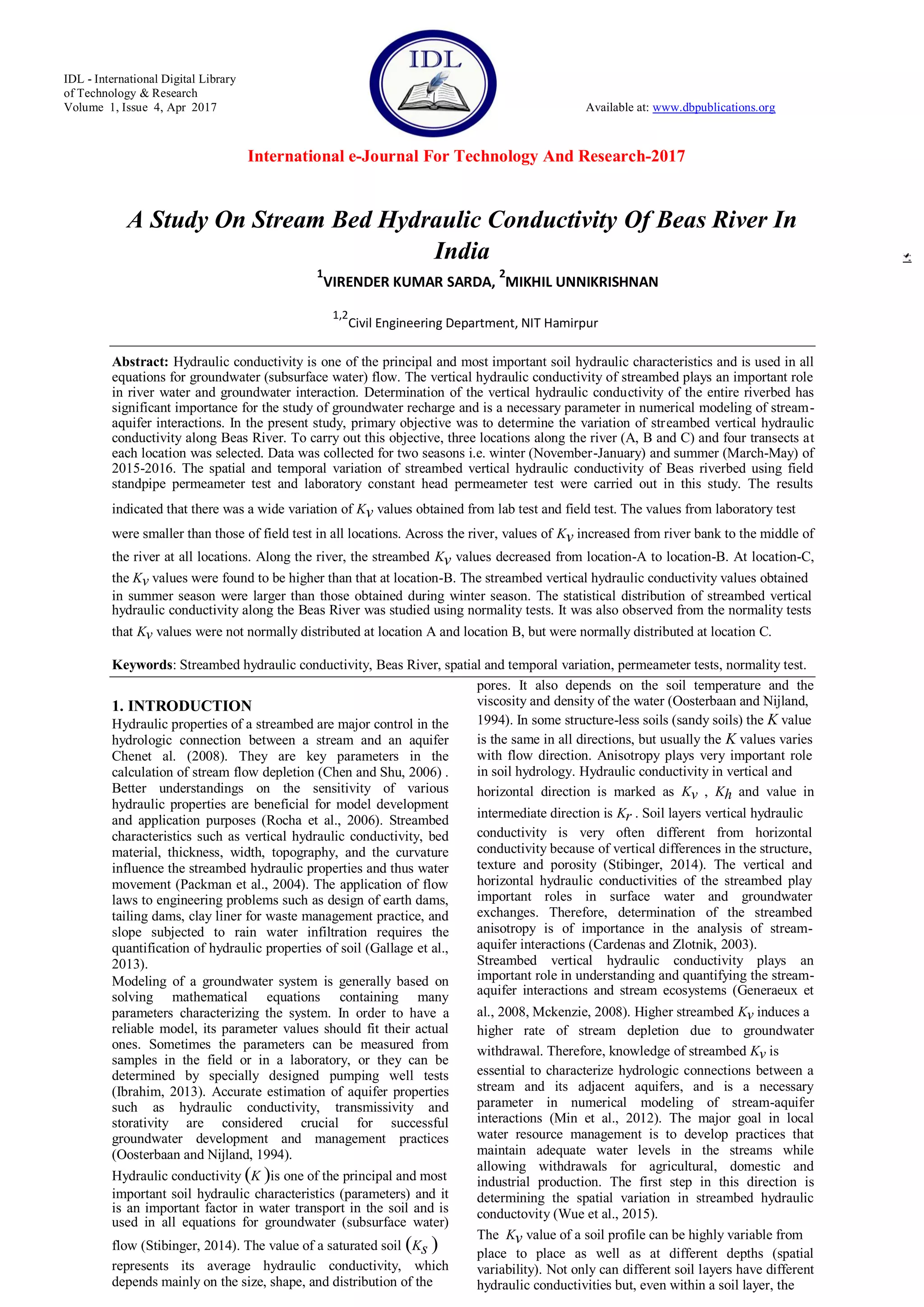A Study On Stream Bed Hydraulic Conductivity Of Beas River In India | PDF
