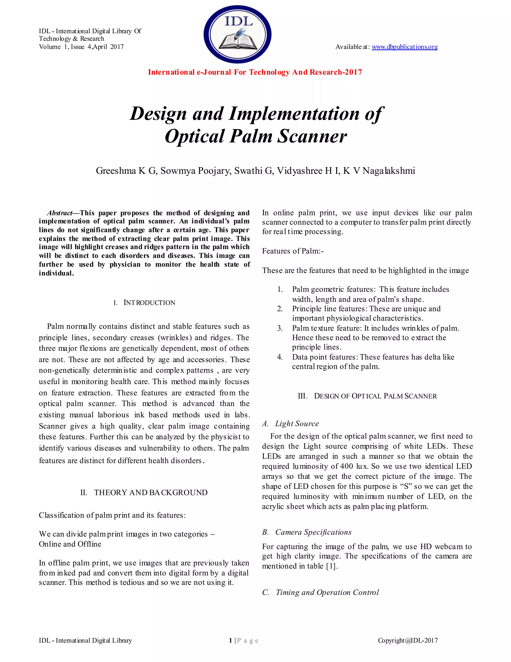 Design and Implementation of Optical Palm Scanner | PDF