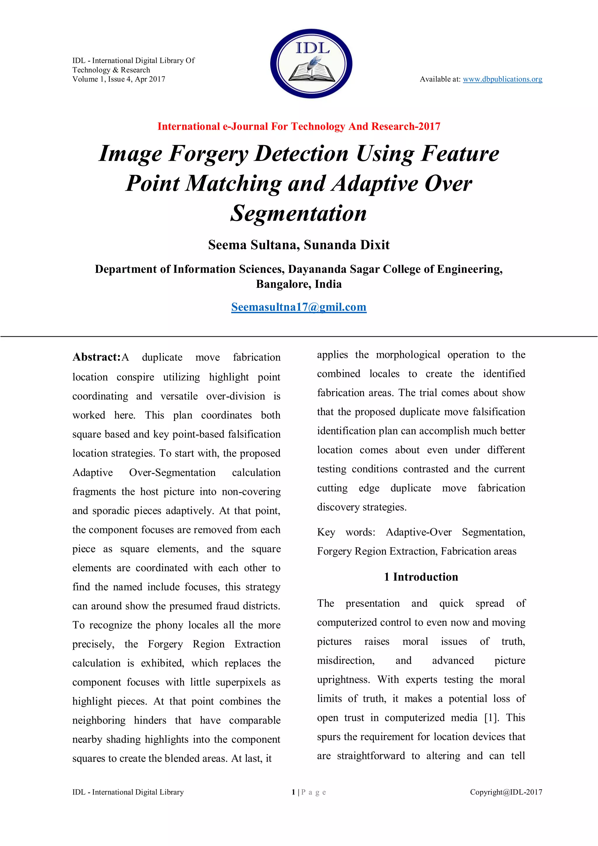 Image Forgery Detection Using Feature Point Matching and Adaptive Over Segmentation | PDF