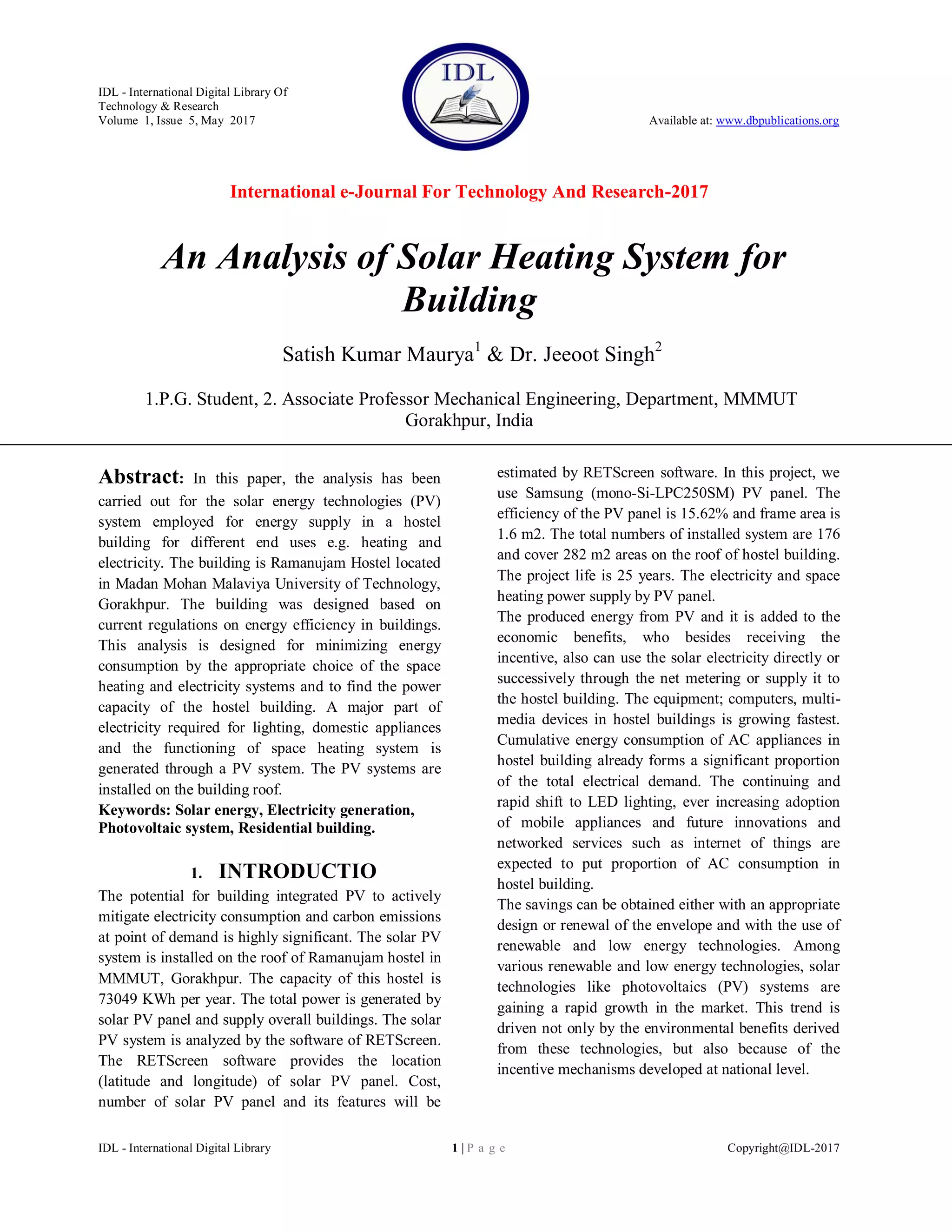 An Analysis of Solar Heating System for Building | PDF