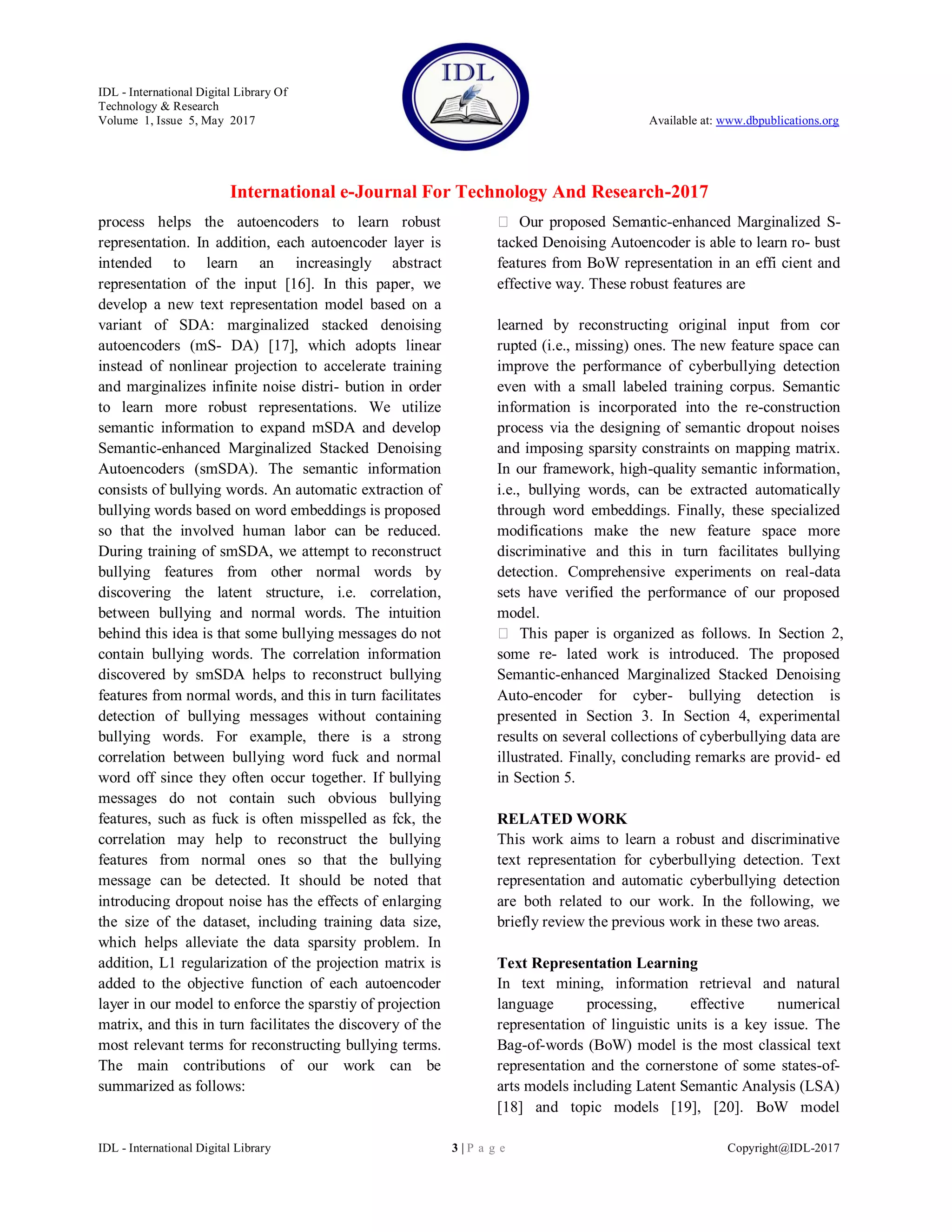 Cyber Bullying Detection Based On Semantic Enhanced Marginalized Denoising Auto Encoder Pdf 2867