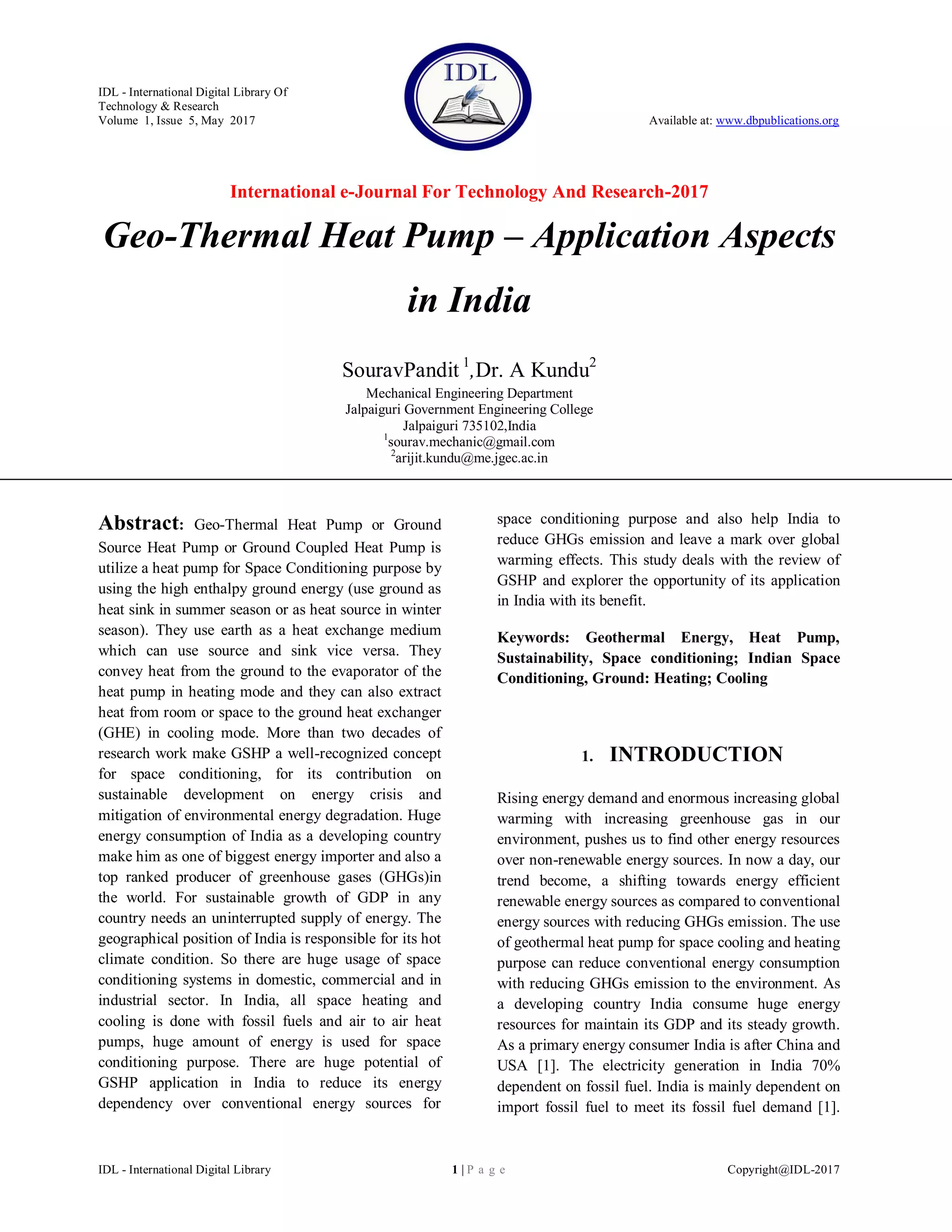 Geo-Thermal Heat Pump – Application Aspects in India | PDF