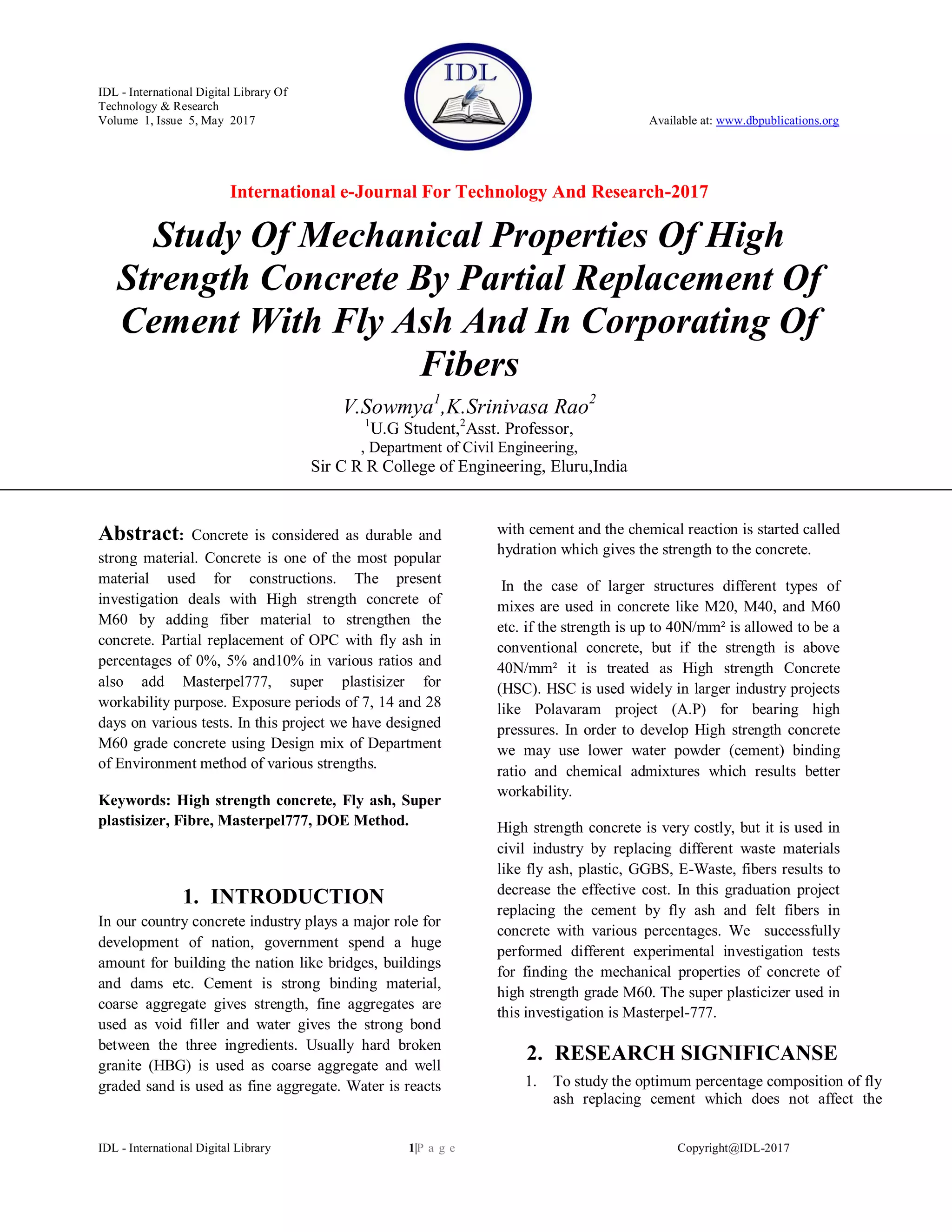 Study Of Mechanical Properties Of High Strength Concrete By Partial ...
