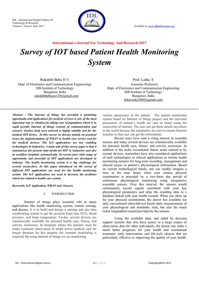 Survey of IOT based Patient Health Monitoring System | PDF