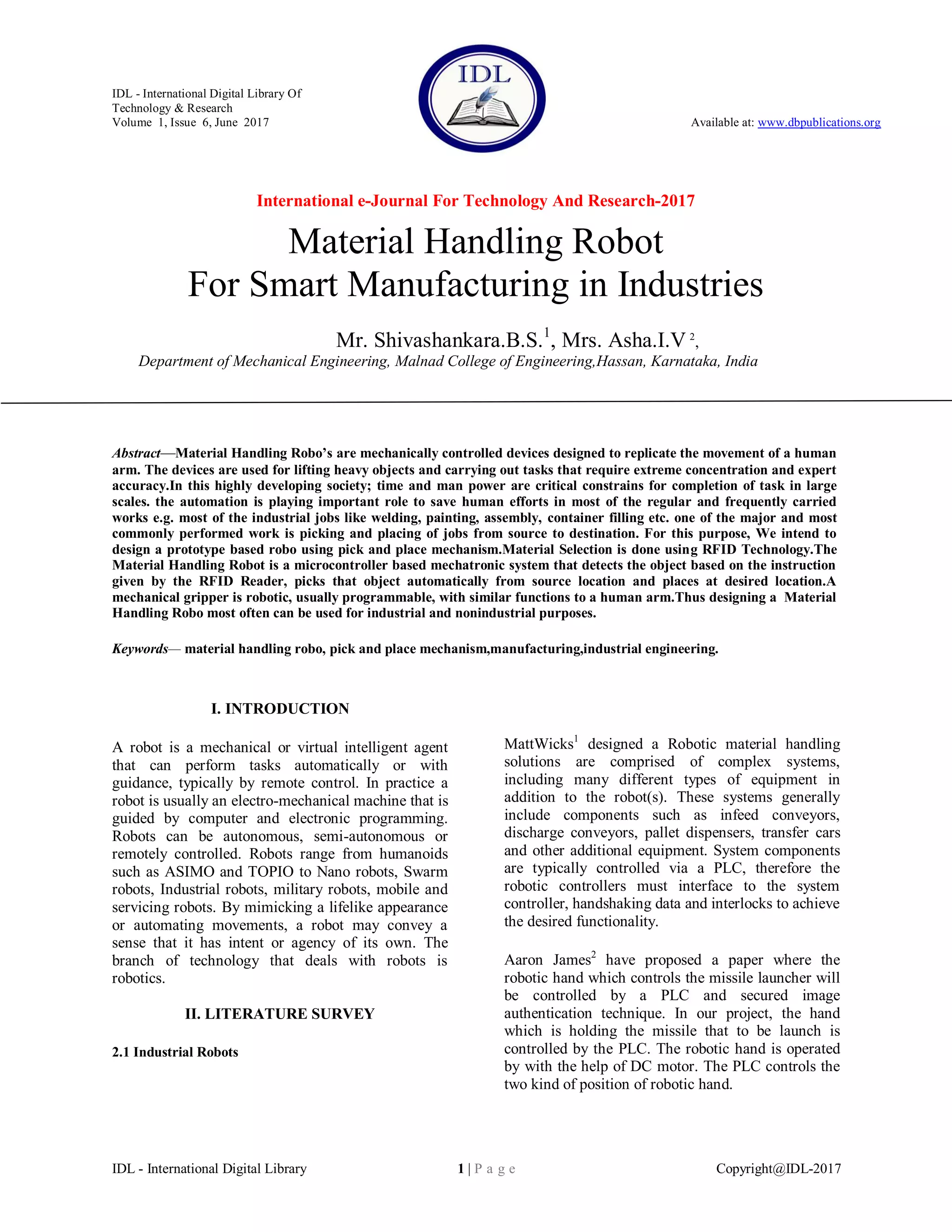 Material Handling Robot For Smart Manufacturing in Industries | PDF