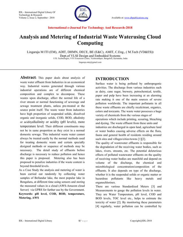 Metering and Analysis of Industrial Waste Waterusing Cloud Computing | PDF