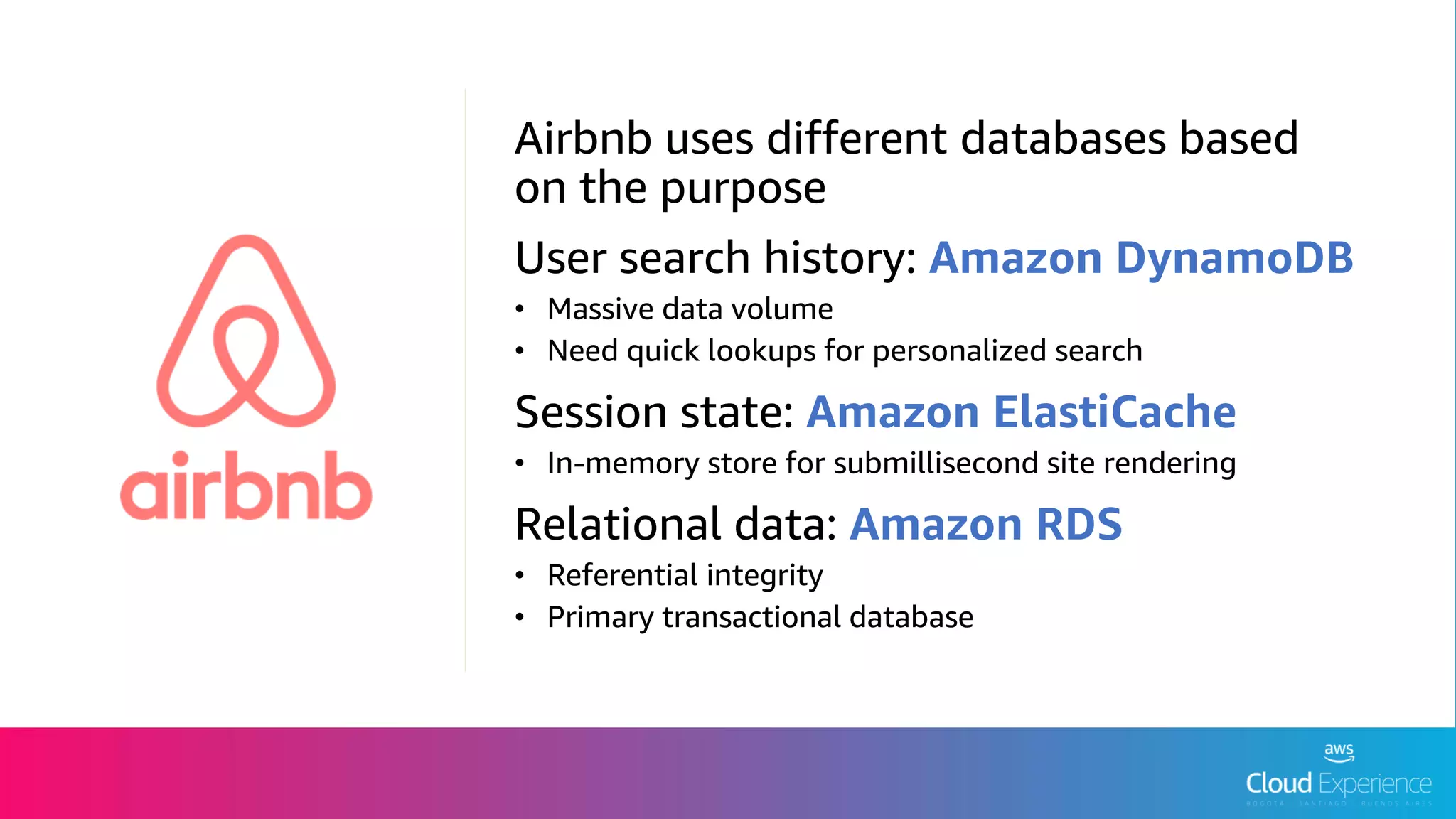 AWS Cloud Experience CA: Bases de Datos en AWS: distintas necesidades, distintos sabores | PDF