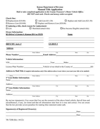 Kansas tr702B lost automobile title form | PDF